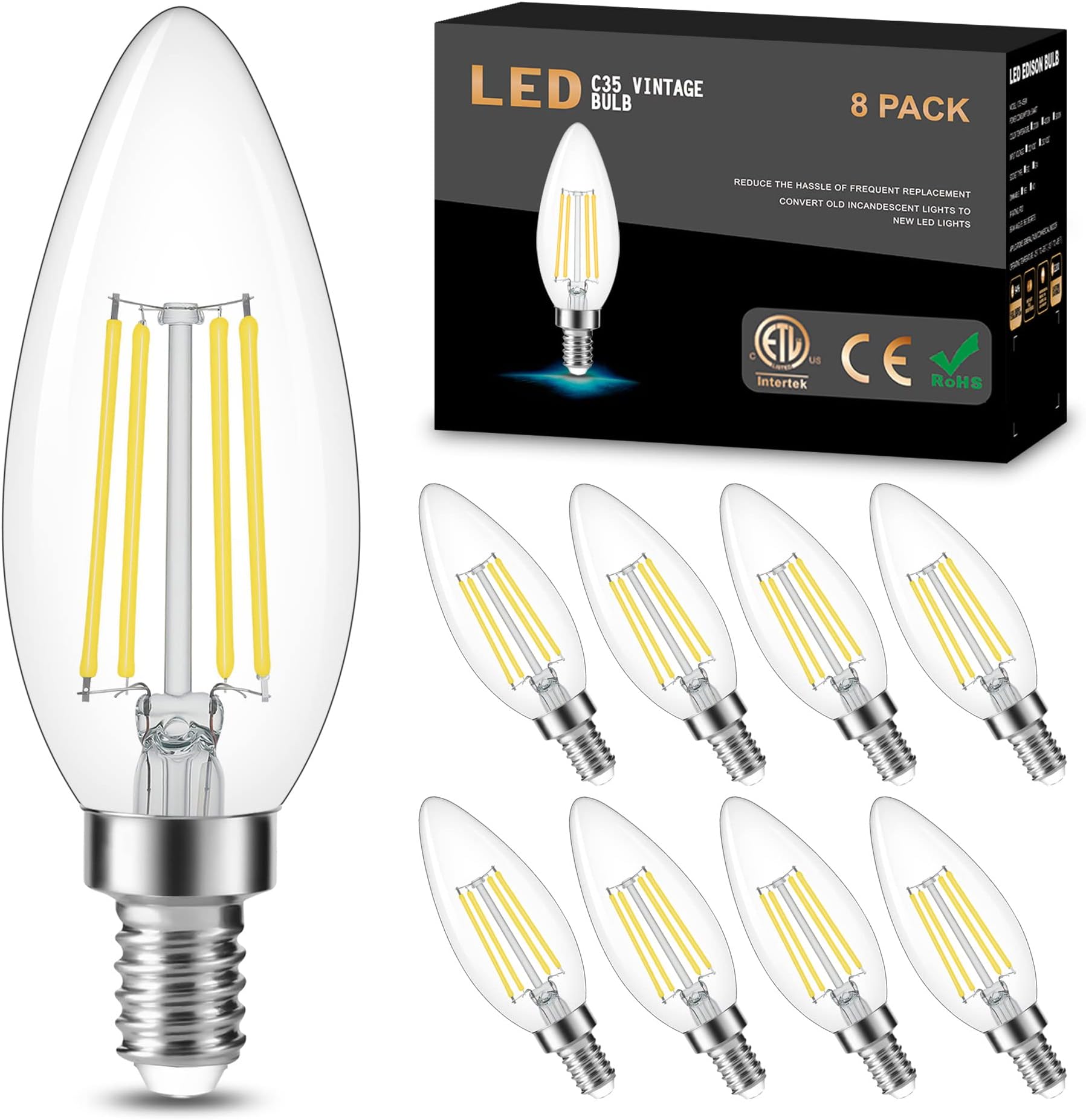 8-Pack Dimmable Frosted Led Chandelier Bulbs, Flame Tip Clear Ca10, 40w ...
