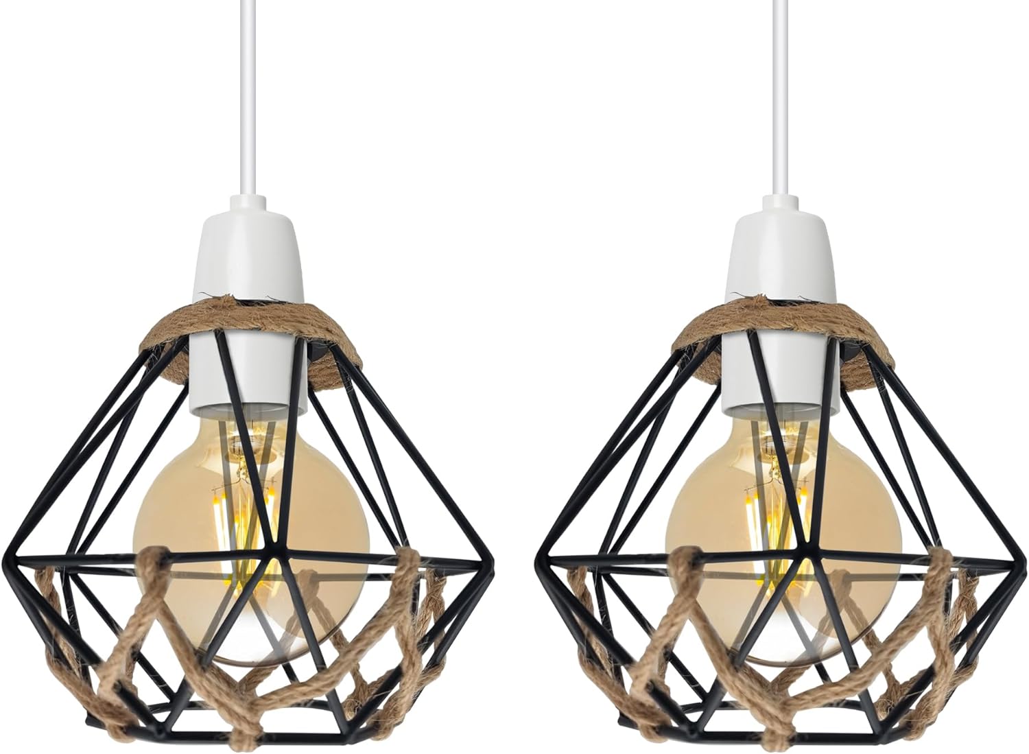 DC VOLTAGE Vintage Metal Wire Cage Hemp Rope Black Ceiling Lampshade ...