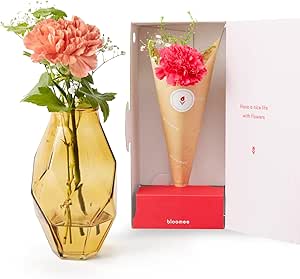 Amazon｜bloomee(ブルーミー) お花3本 と 花瓶セット 敬老の日 (ブラウンひし形) 生花 ミニ 花束 (ギフト プレゼント お祝い) 退職祝い 結婚祝い 卒業式 開店祝い ...