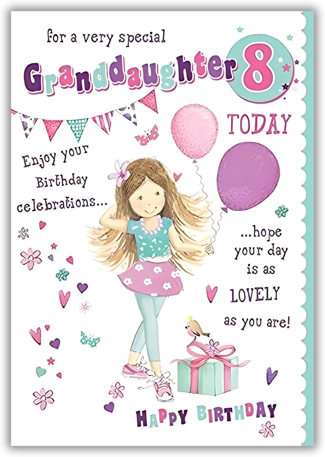 Granddaughter 8th Birthday Card - Age 8 - Balloons, Flowers and Hearts ...