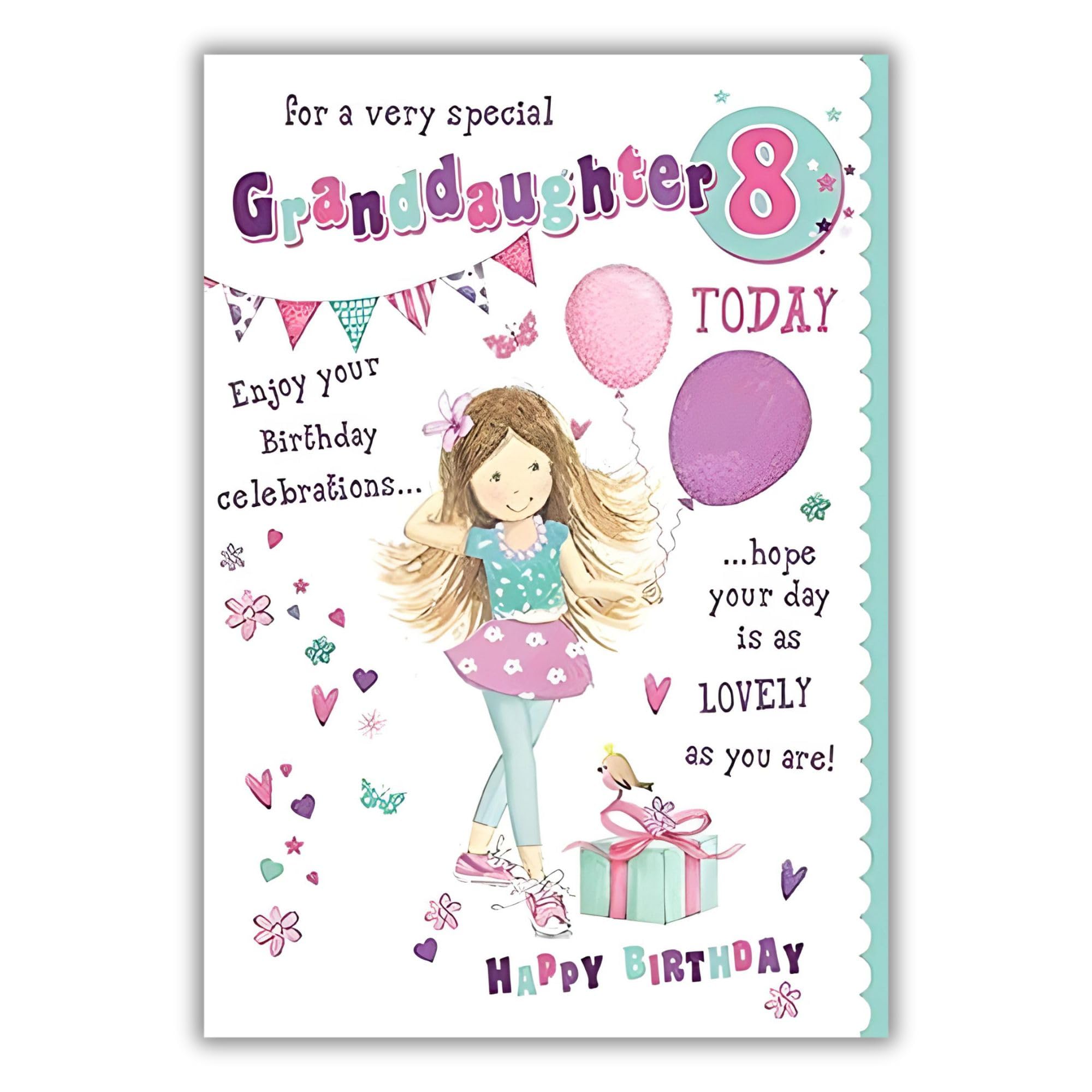 Granddaughter 8th Birthday Card - Age 8 - Balloons, Flowers and Hearts ...