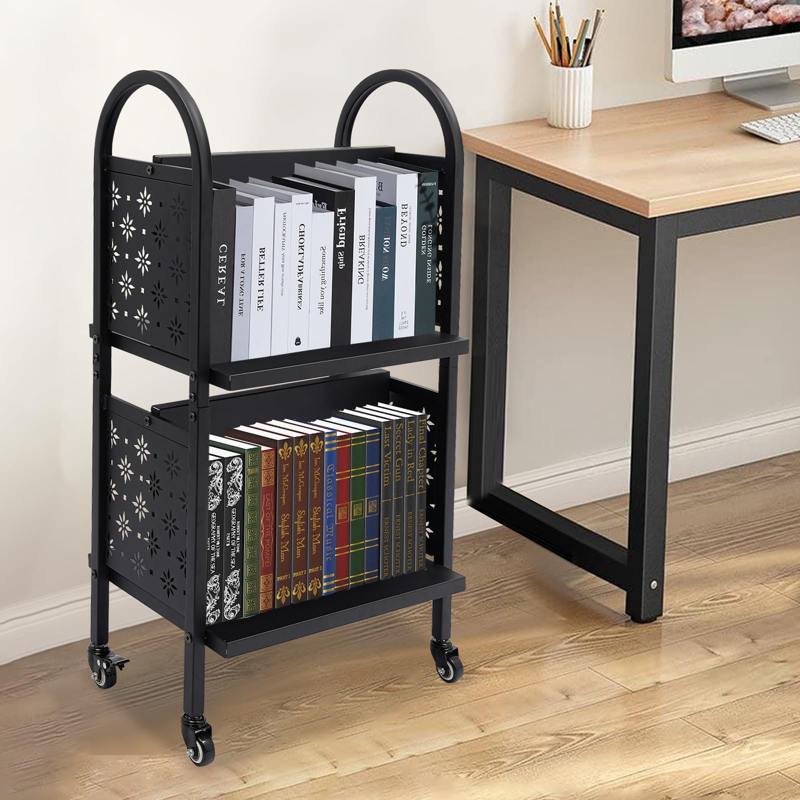 Mobile Library Organizer 2-Tier Rolling Library Book Cart - Black Steel ...