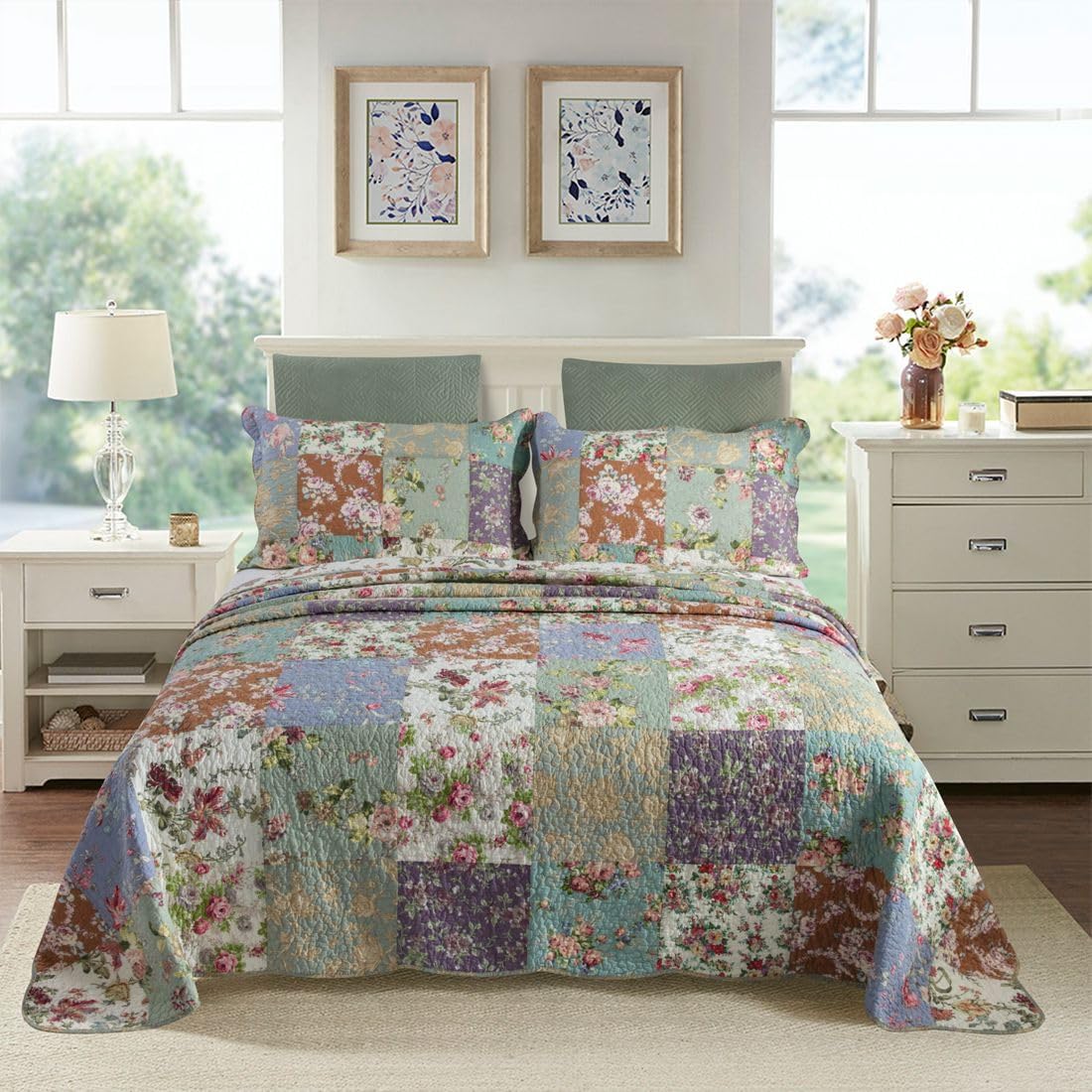 Amazon.com: YAYIDAY Cotton Patchwork Bedspread Quilt Set Oversized King ...