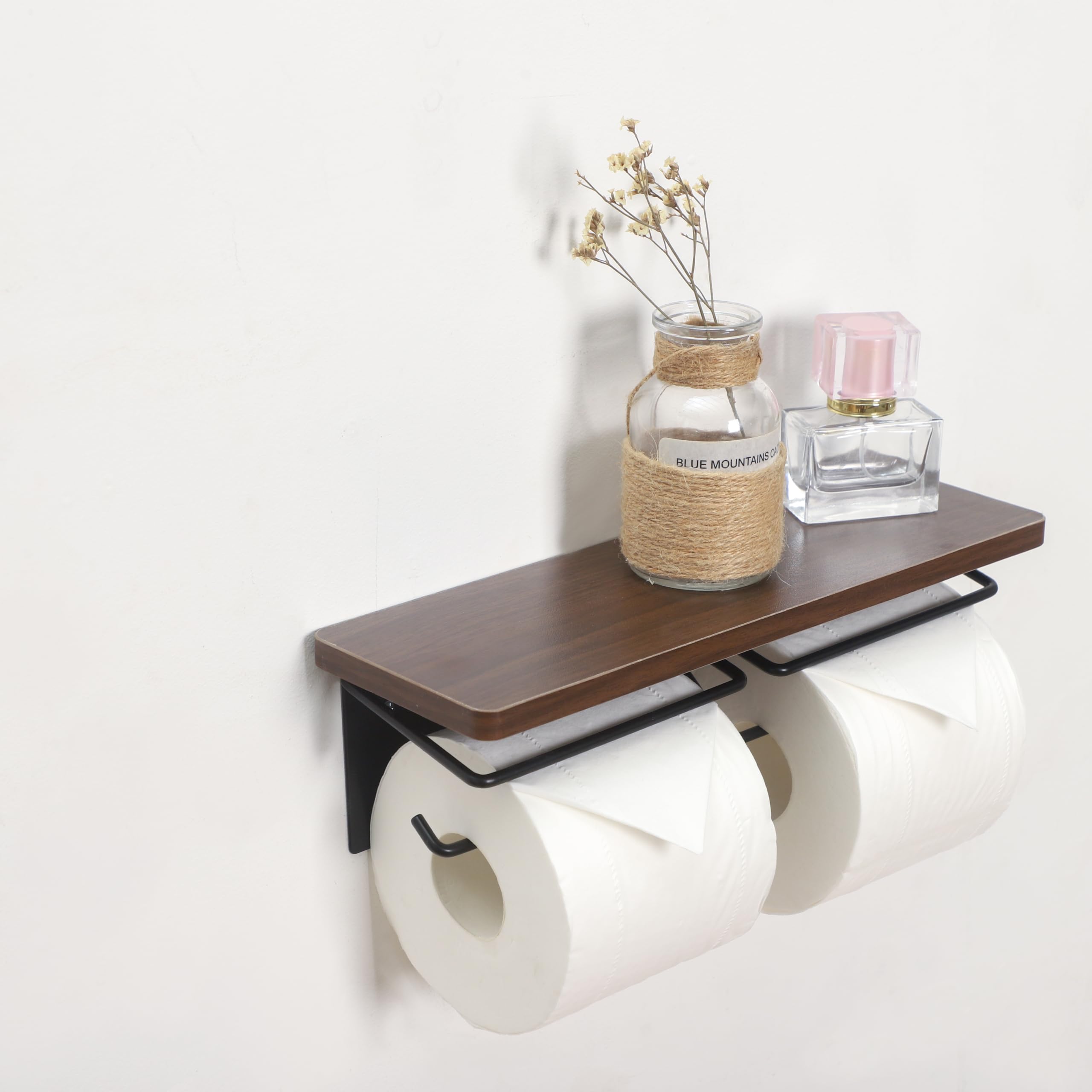 Amazon.co.jp: トイレットペーパーホルダー トイレホルダー 紙巻き器 おしゃれ 木製 2連 真鍮 棚付き 北欧 スマホ置き 壁掛け ...