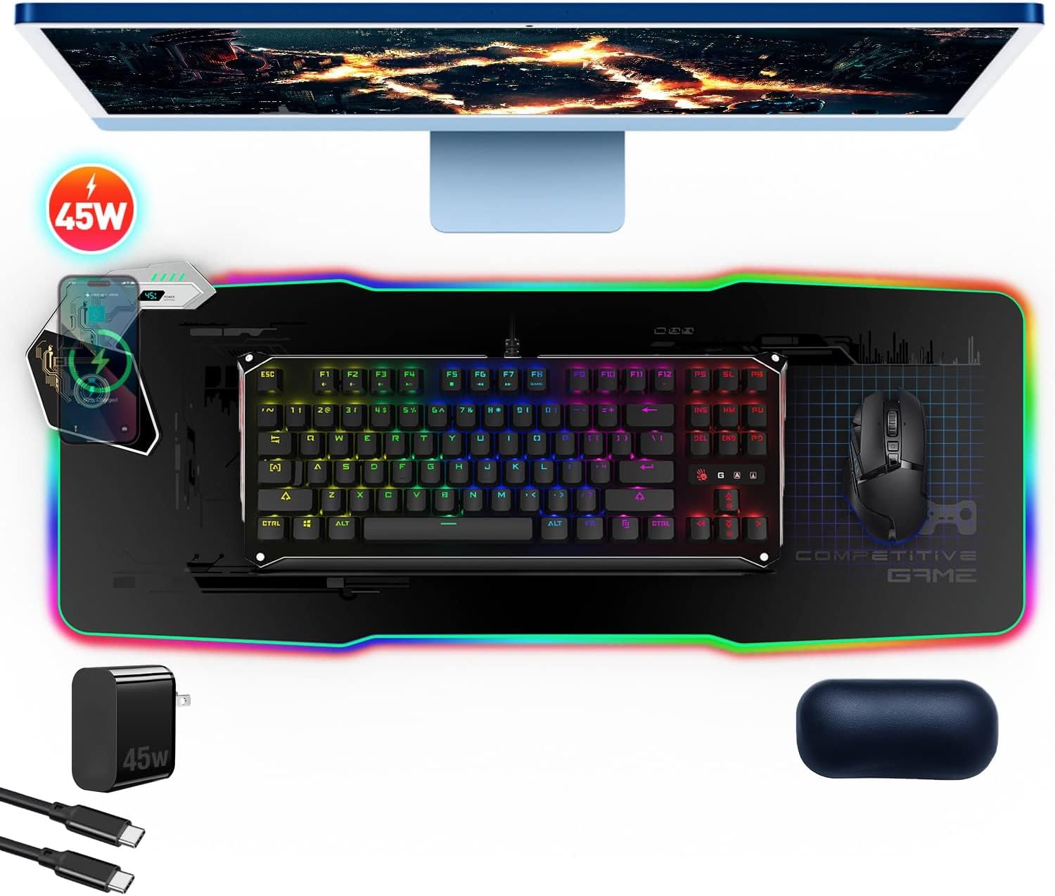 Oyun Mouse pad, USB C Şarj Cihazı ile 45W Kablosuz Şarj İstasyonu ...