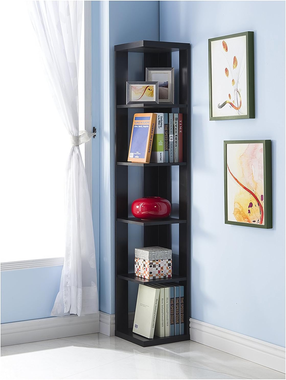 Amazon.com: Black Finish Wood Wall Corner 5-Tier Bookshelf Bookcase ...