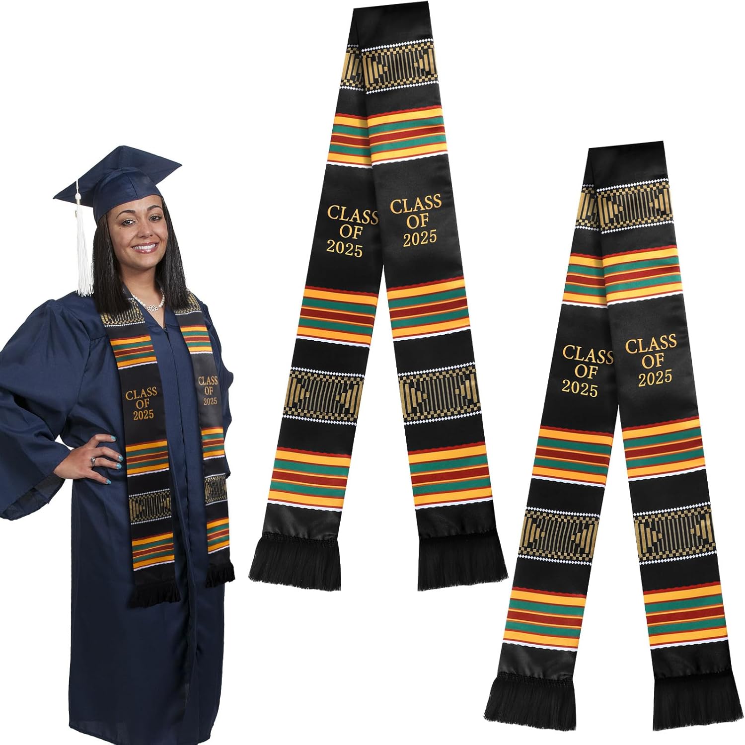 Amazon.com: SEEWEY 2 Pcs Class of 2025 Kente Graduation Stole African ...