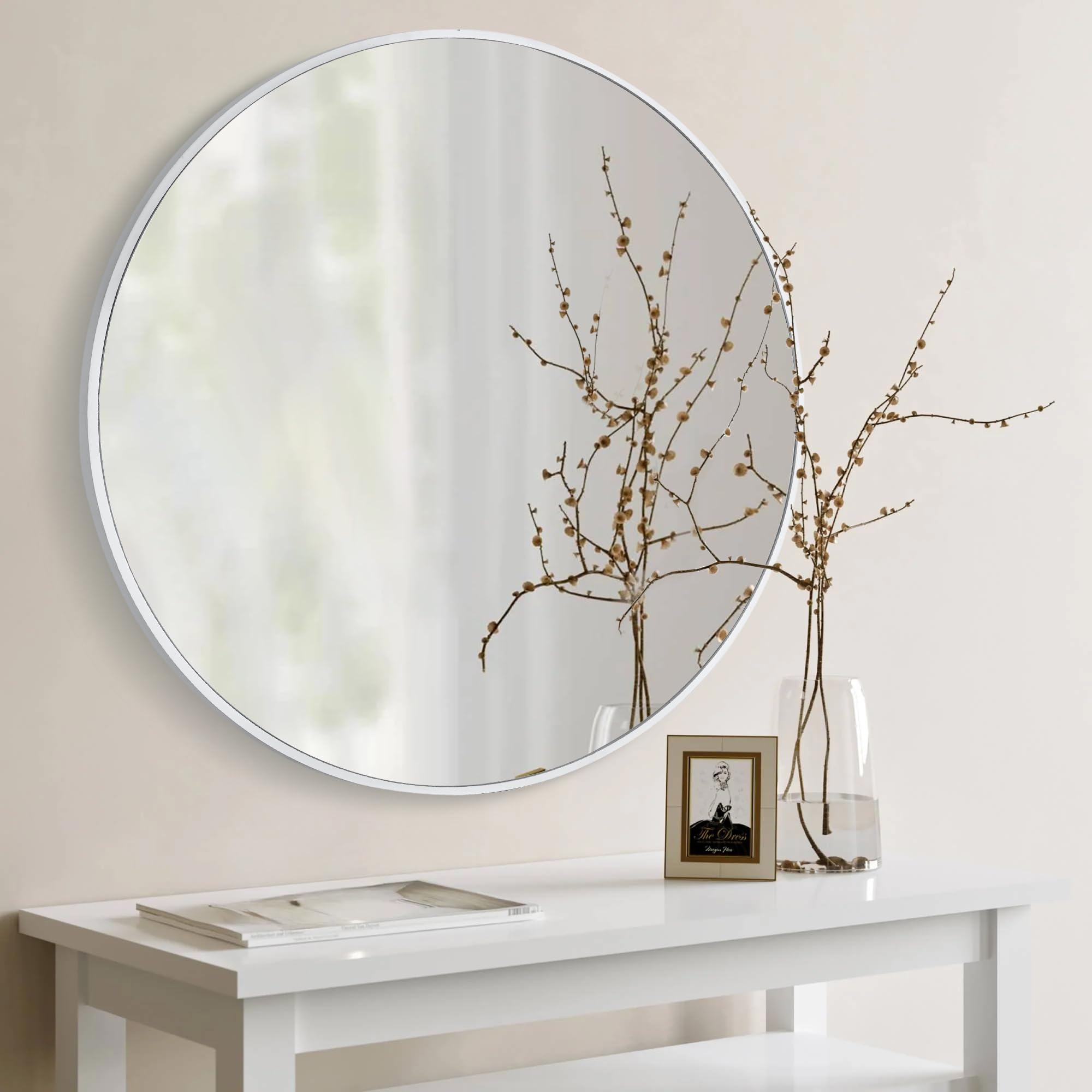 Large White Round Bathroom Mirror Frame Modern Wall Mirror, Oval