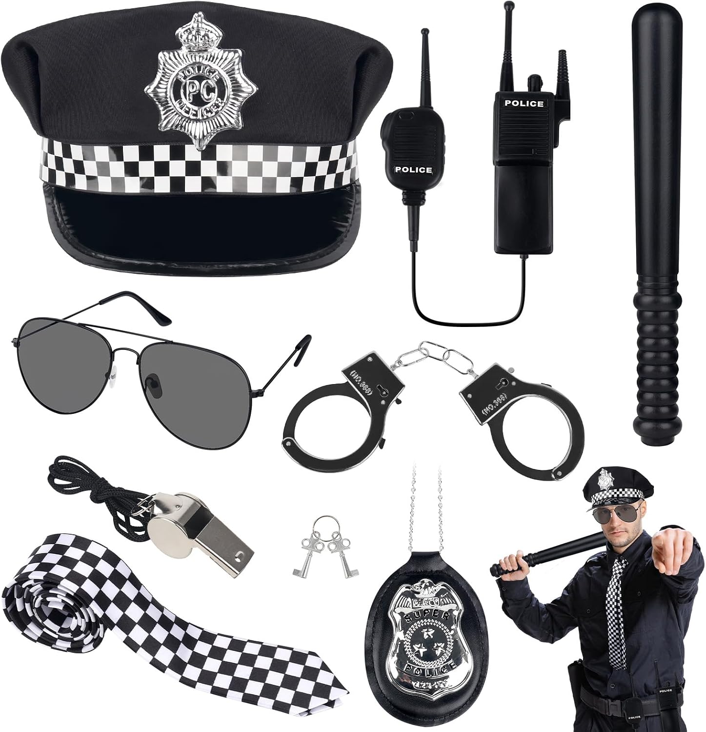 XEERUN Police Fancy Dress Set, 8PCS Adult Police Costume Accessories ...