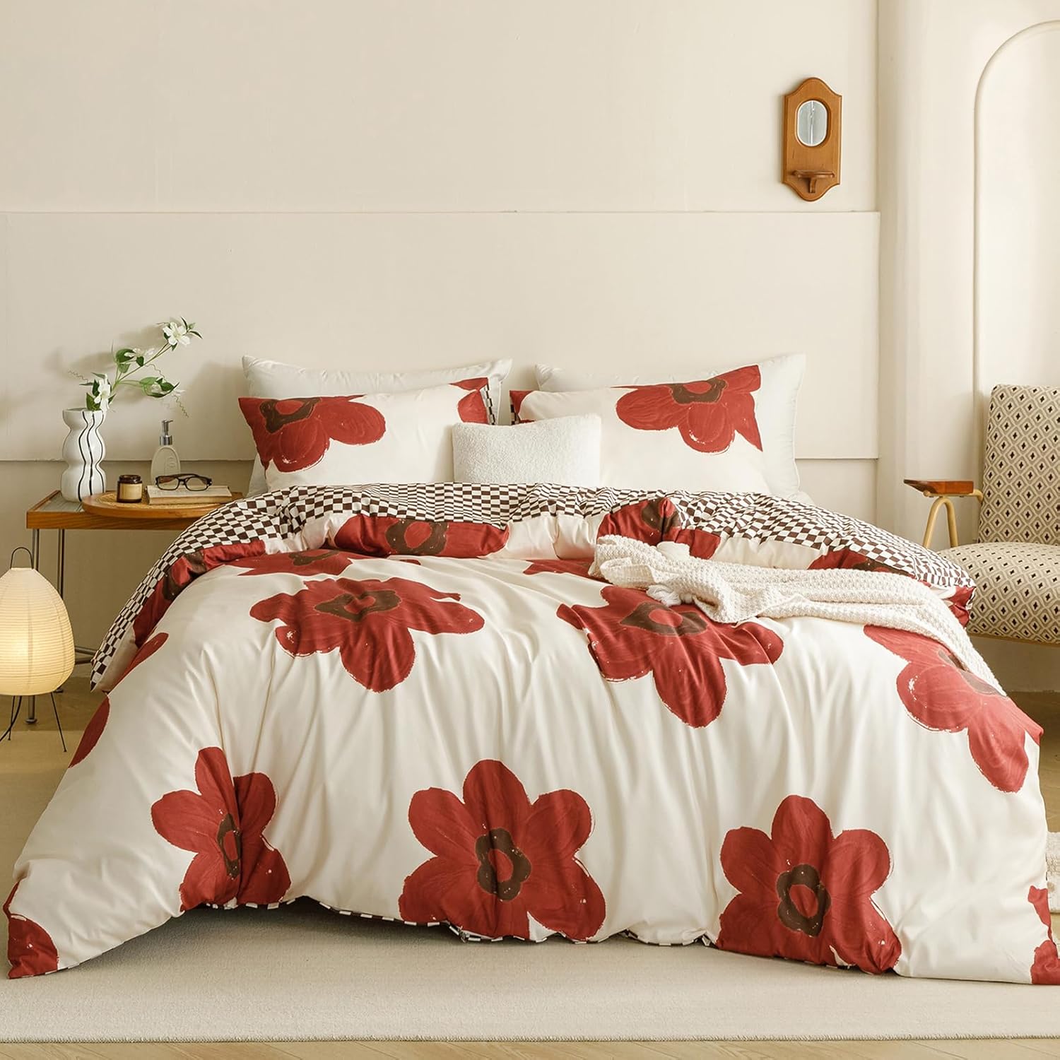 Amazon.com: Luxlovery Red Floral Comforter Set Queen Women Girls Big ...