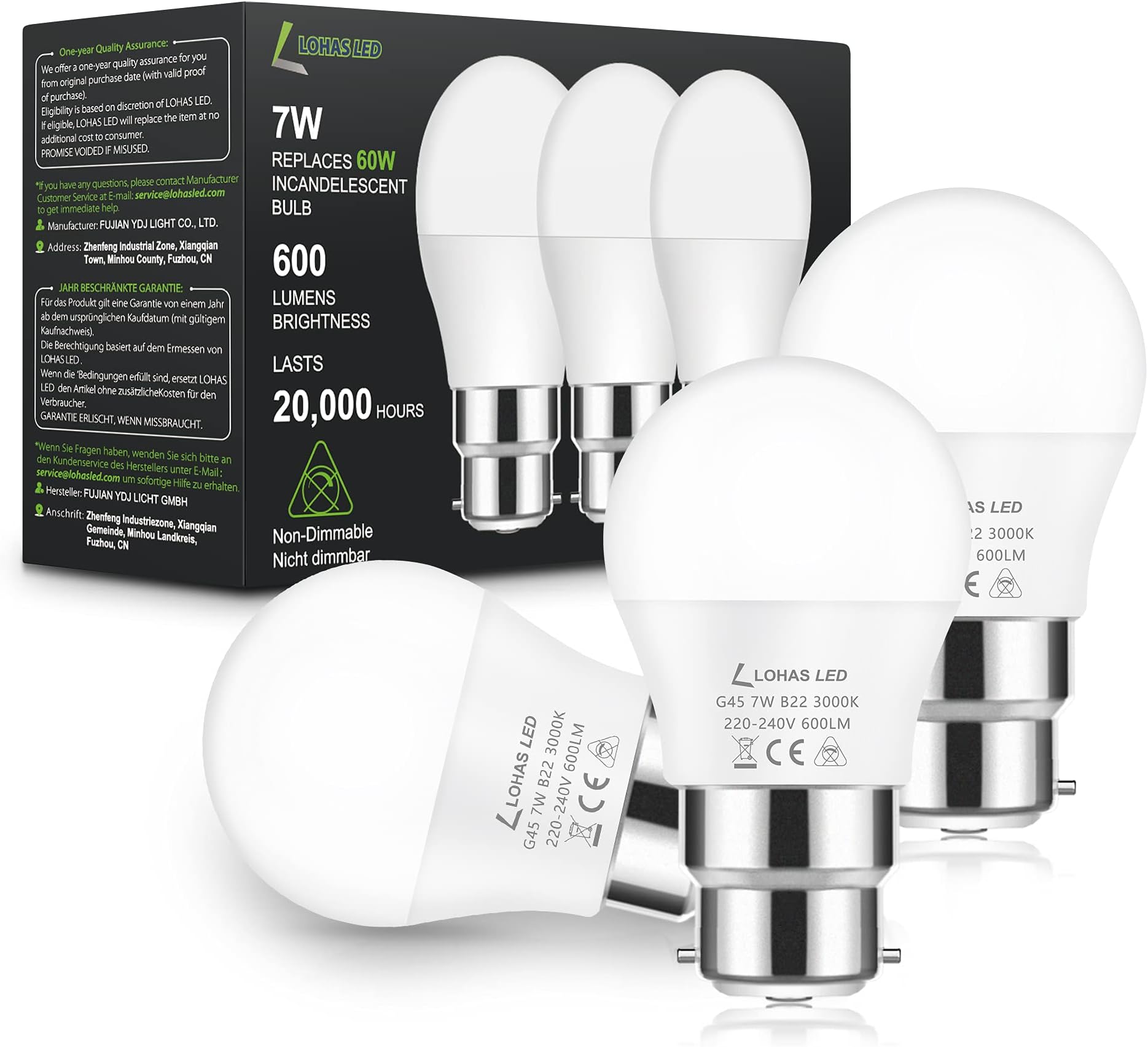 V-Tac LED 3w G45 Golf Ball Bulbs - PACK OF 10 - B22 / BC / Bayonet Cap ...