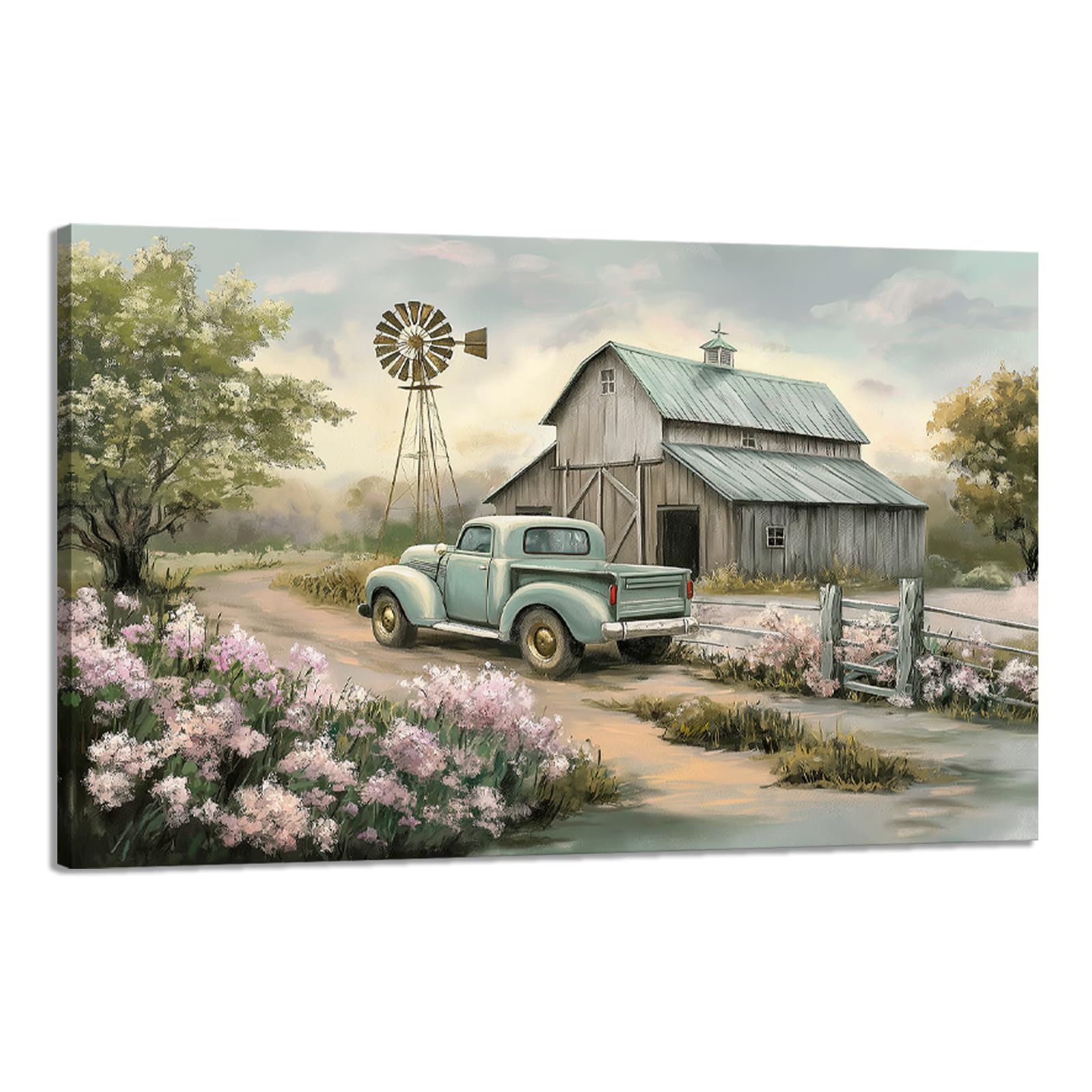 Old Country Farmhouse Paintings Rustic Muddy Corn Field Vintage Truck