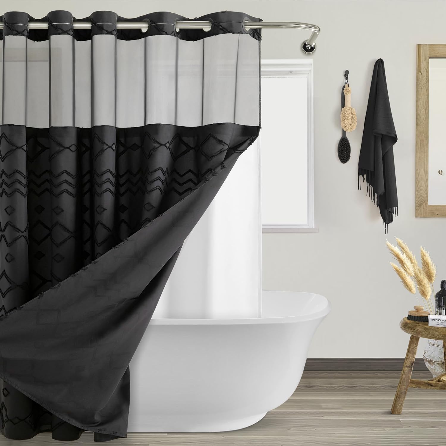 Amazon.com: PANGSINNE No Hooks Shower Curtain with Snap-in Liner, Black ...