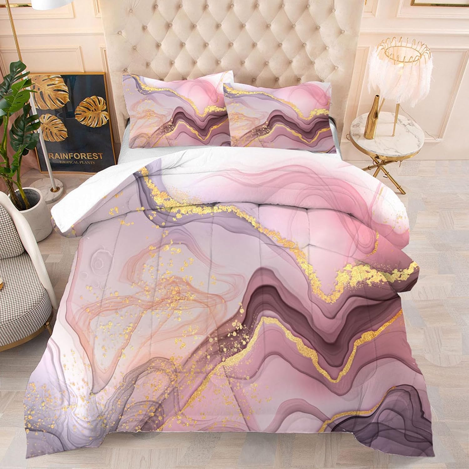 Amazon.com: VTKON Pink Marble Comforter Set Twin for Girls Women, Pink ...