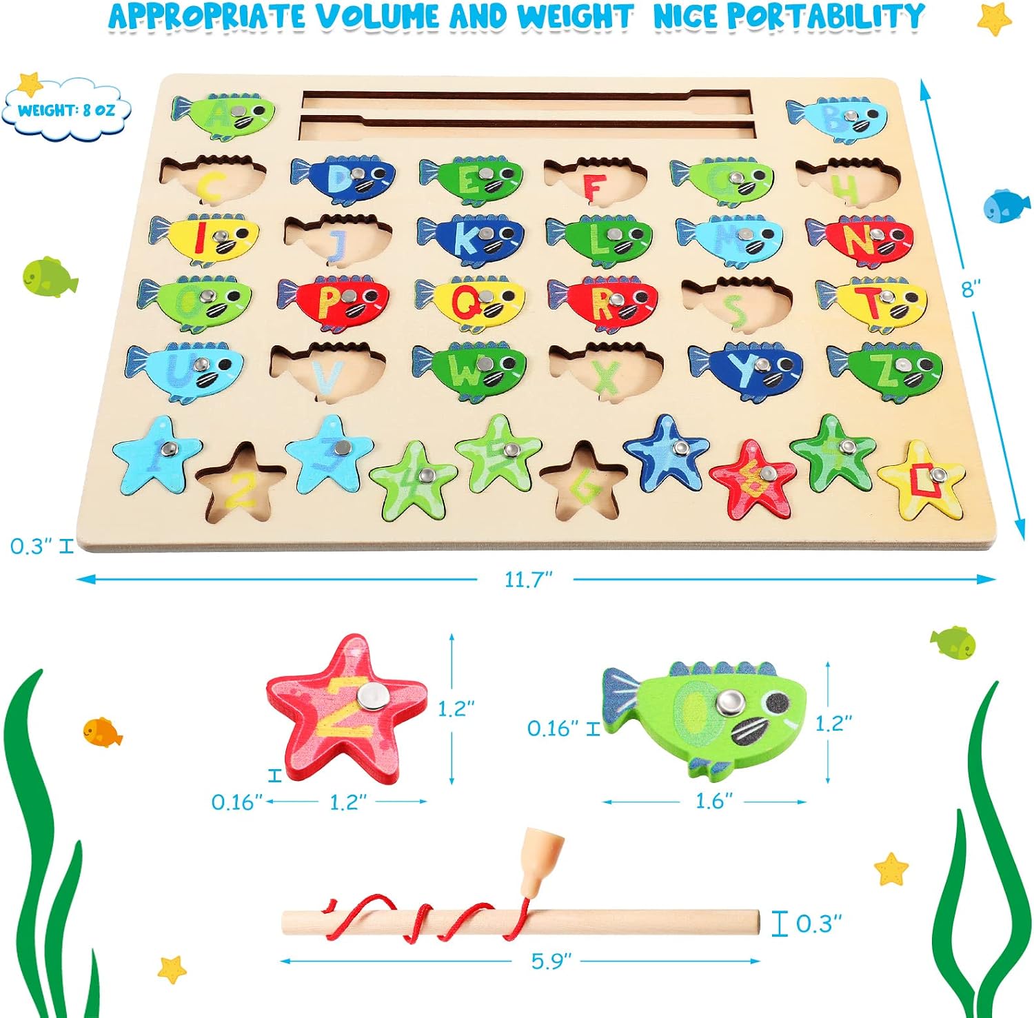 Magnetic Wooden Fishing Game Toy for Toddlers, Alphabet Fish Catching ...