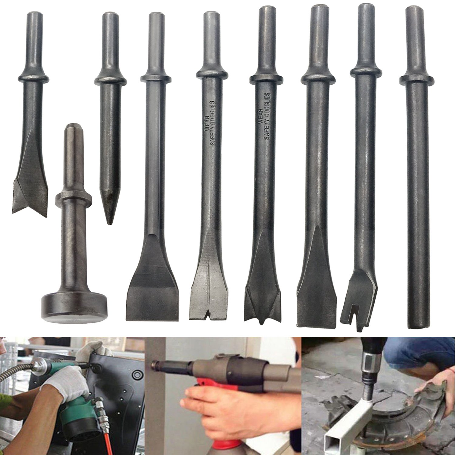 GreatBBA 9 Piece Pneumatic Chisel Air Hammer Punch Chipping Bits Set ...