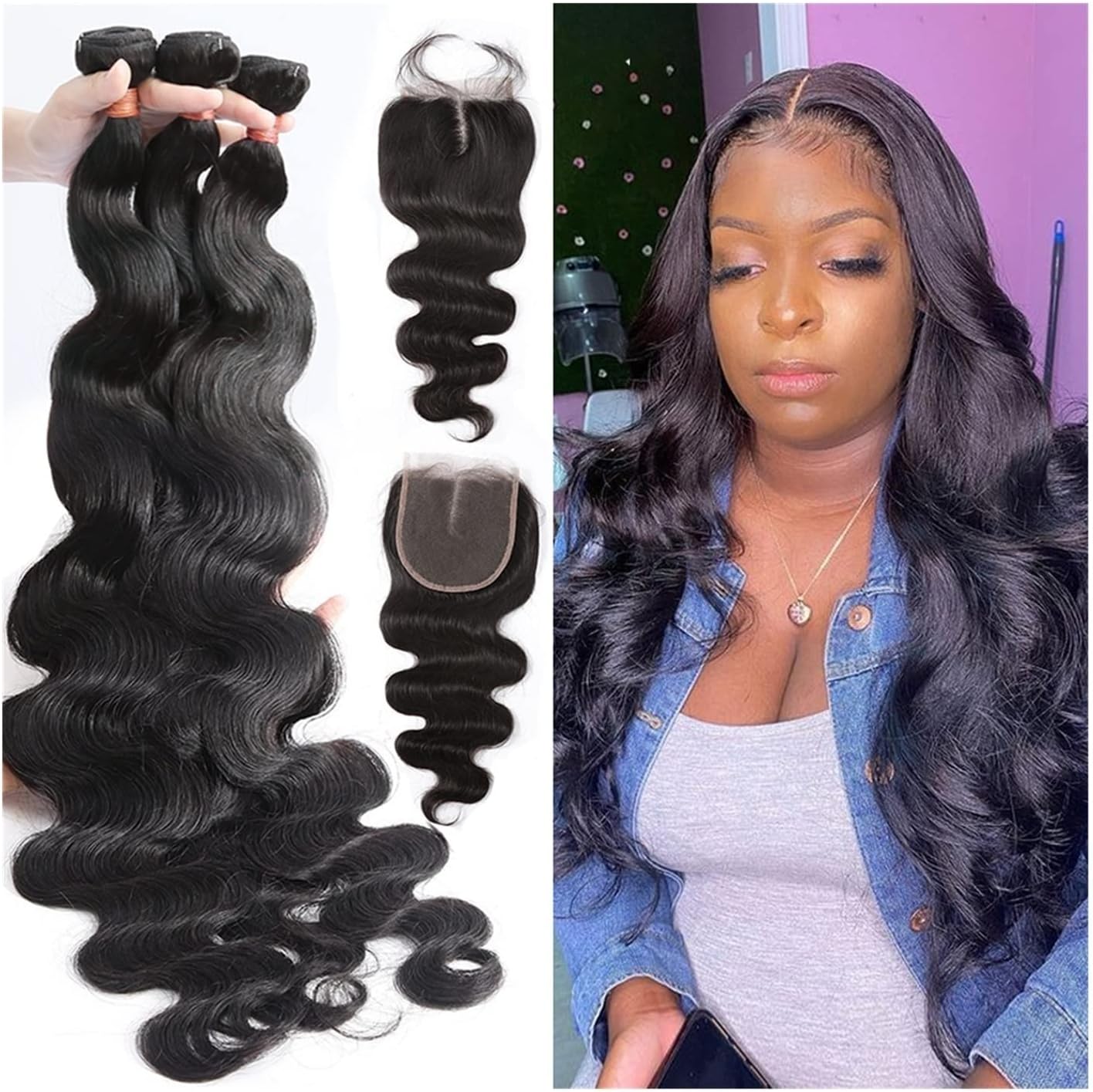 Hair Extensions Body Wave Bundles with Closure 3 Bundles and 1 Closure ...