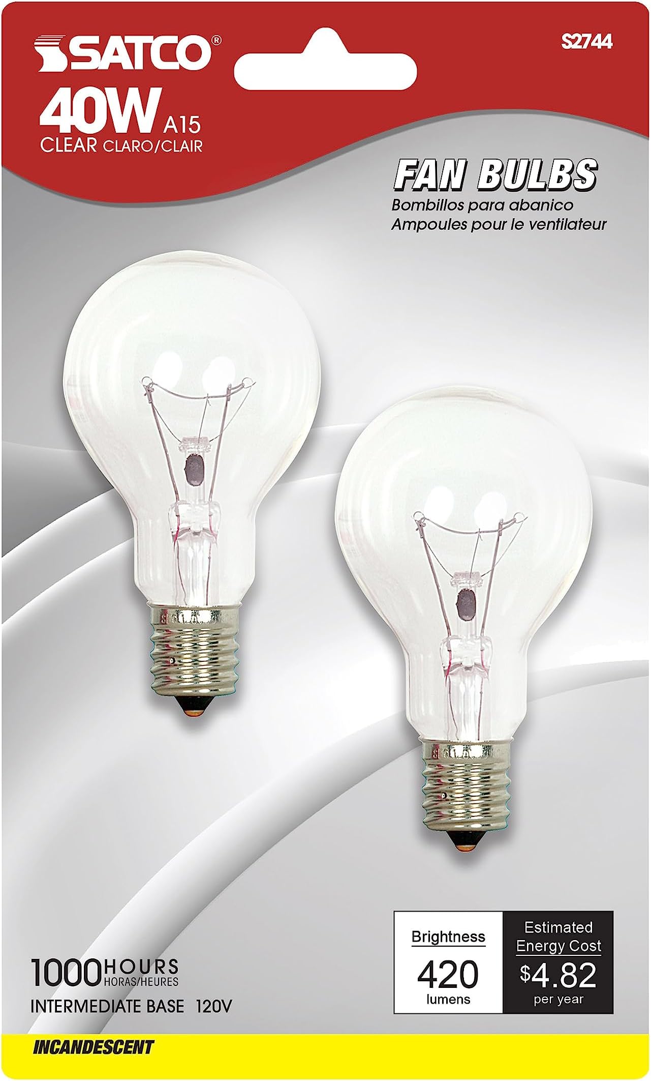 Satco S2744 120V Intermediate Base 40-Watt A15 Light Bulb, Clear , White - Incandescent Bulbs ...