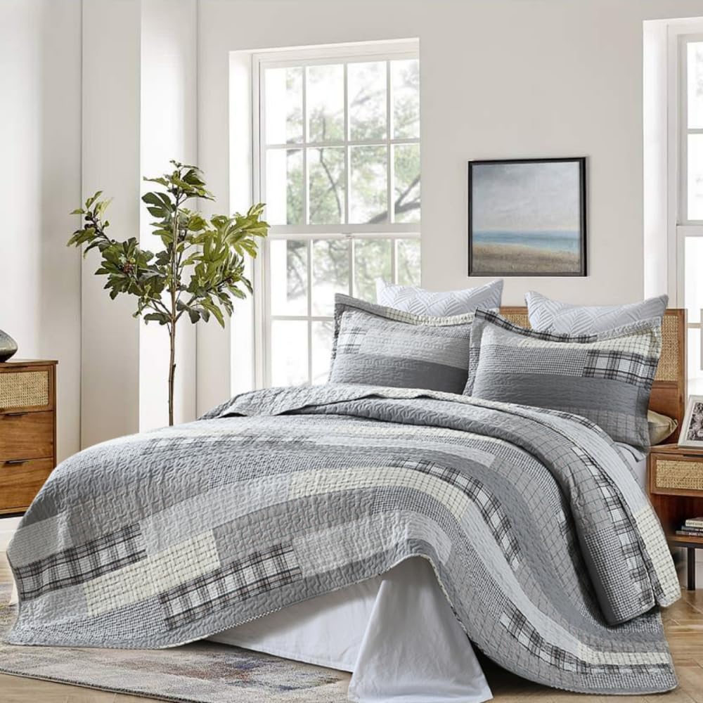 Amazon.com: Cinefoso Queen Size Quilt, Gray Patchwork Plaid Quilt Set ...