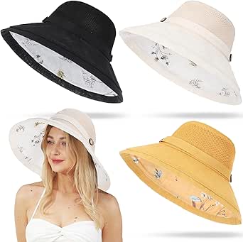 Bunnycool 3 Pcs Women Mesh Sun Hats Sun Protection Bucket Caps Packable Wide Brim Chin Strap ...