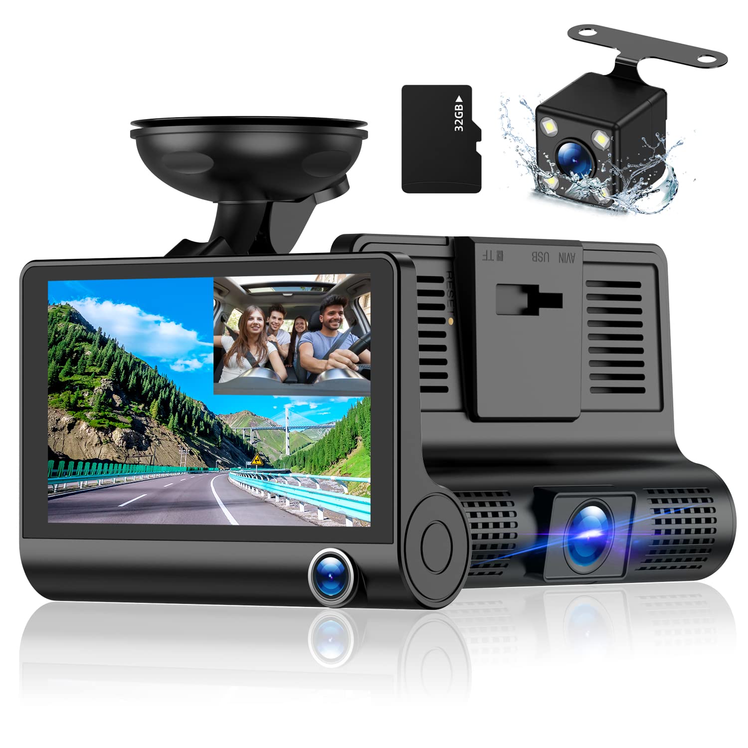 3 Channel Dash Cam Front and Rear Inside, 1080p Dash Camera for Cars ...