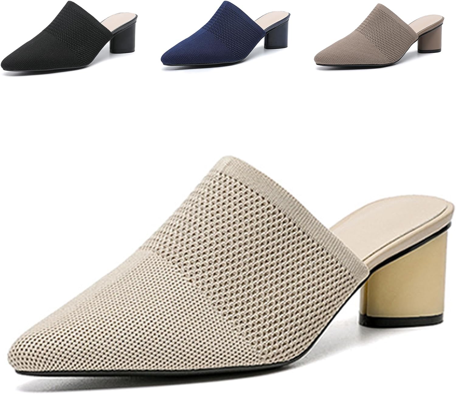 Amazon.com | ZLNMLD Women’s Knit Mesh Chunky Heel Mules Closed Pointed ...