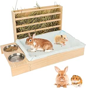Amazon.com : 3 in 1 Rabbit Hay Feeder with Litter Box and Bowls Wooden ...