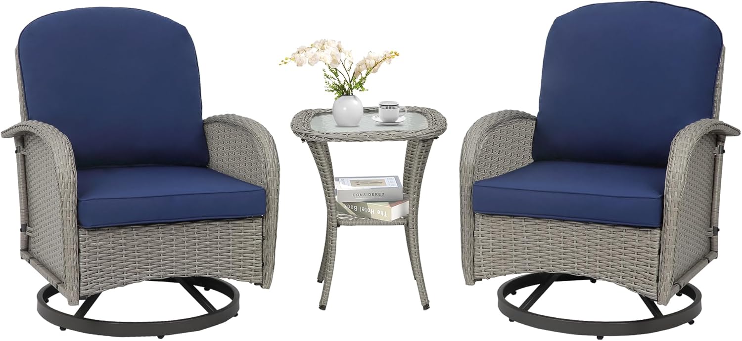 Amazon.com: PIZZELLO Outdoor Swivel Chairs 3 Piece Wicker Rocking ...