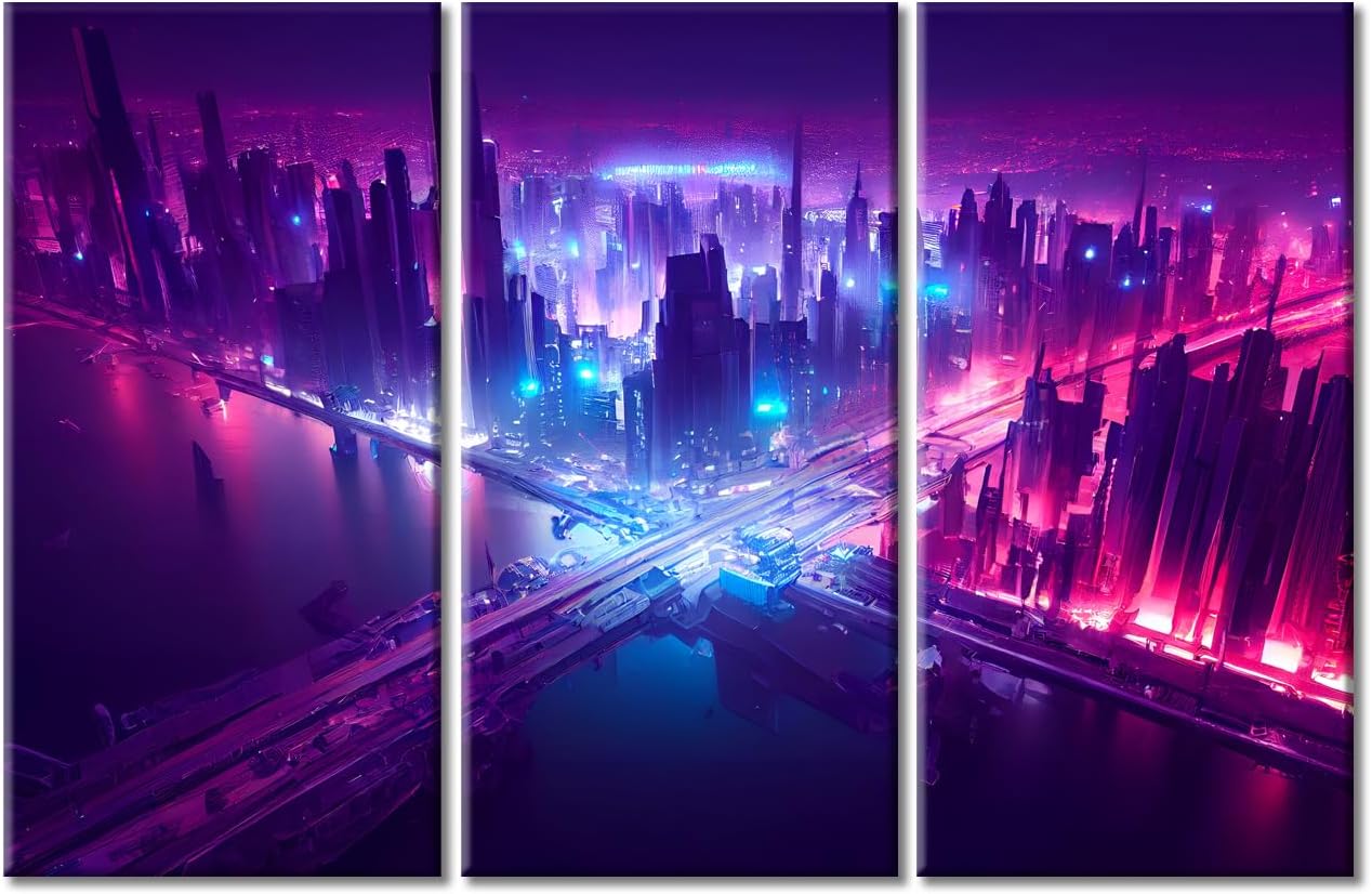 Amazon.com: 3 Panel Cyberpunk Neon City Night Wall Art Cyberpunk ...