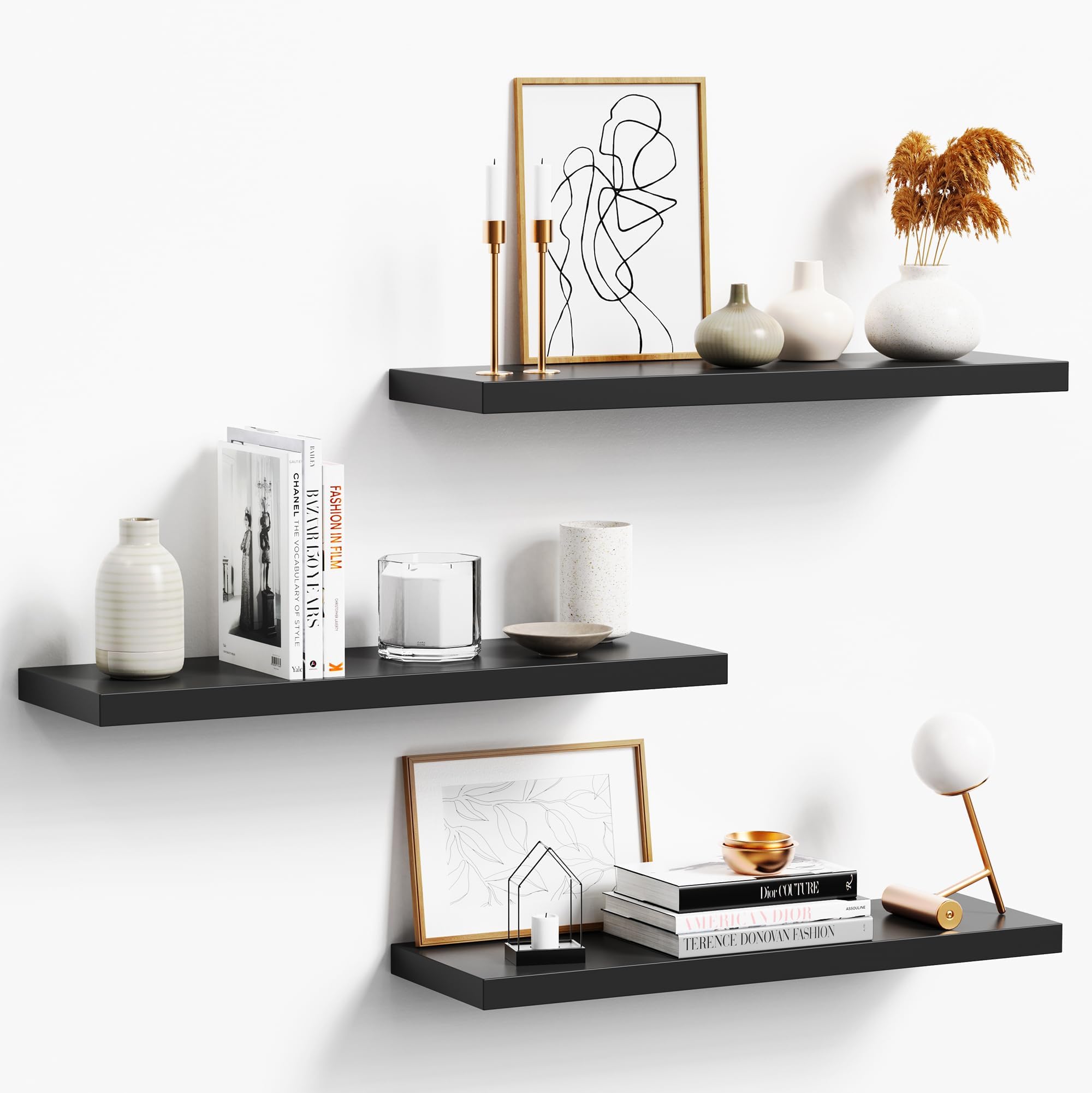 Amazon.com: oridom Floating Shelves for Wall, Black Wood Wall Shelf Set ...