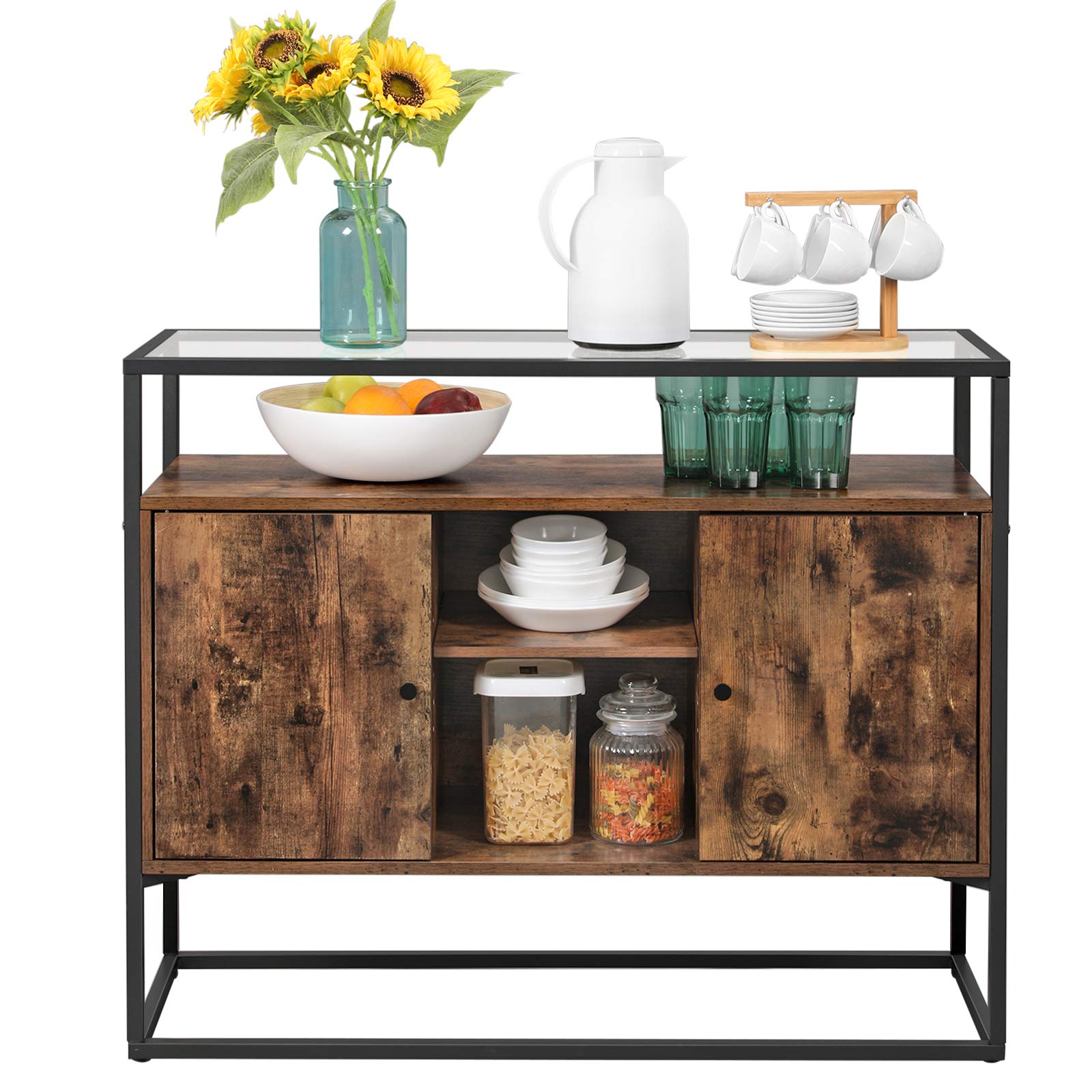 VASAGLE Sideboard, Side Cabinet, Storage Cabinet with Glass Surface and ...