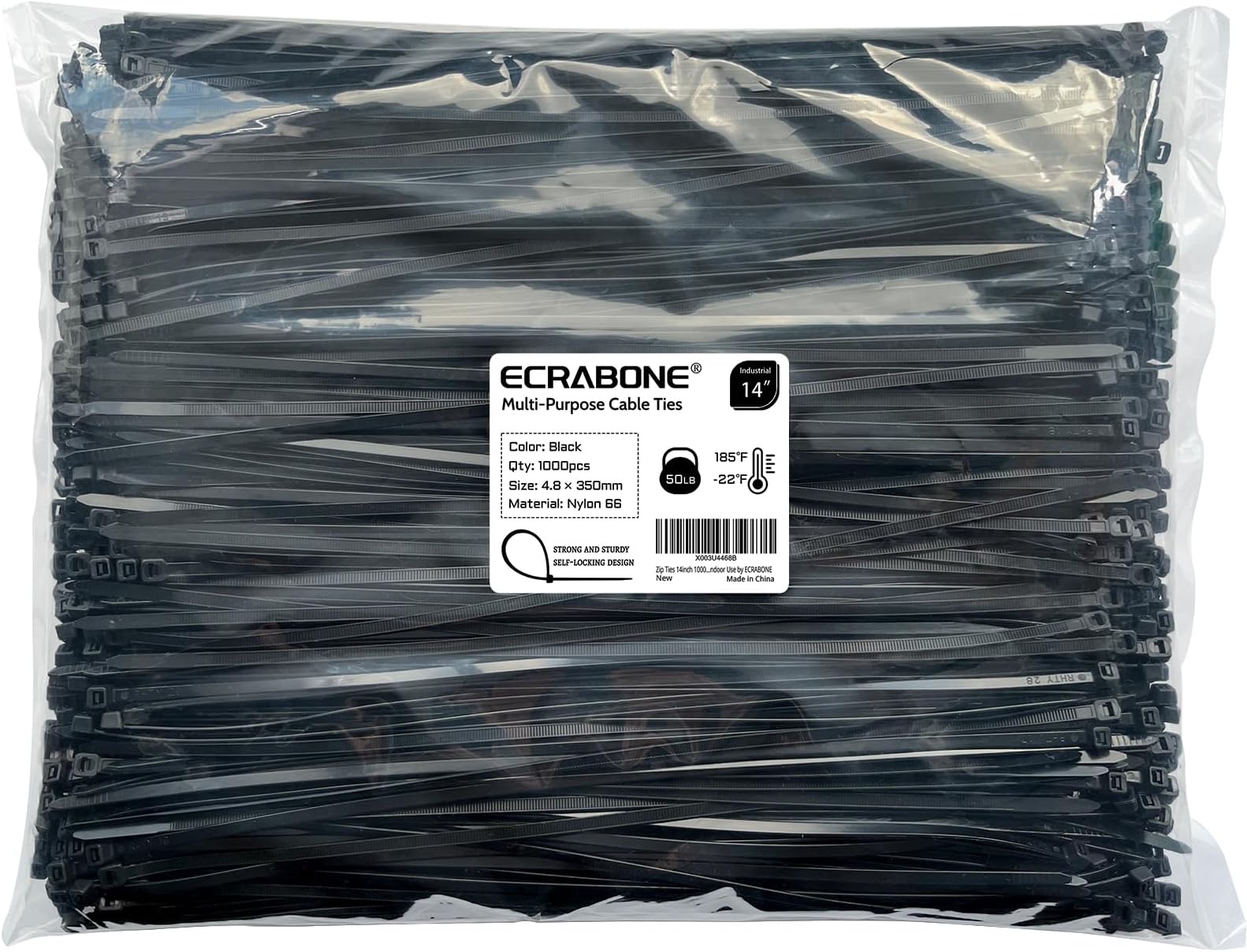 Amazon.com: Zip Ties 14 inch 1000 Pack, Black Cable Zip Ties 50 lbs ...