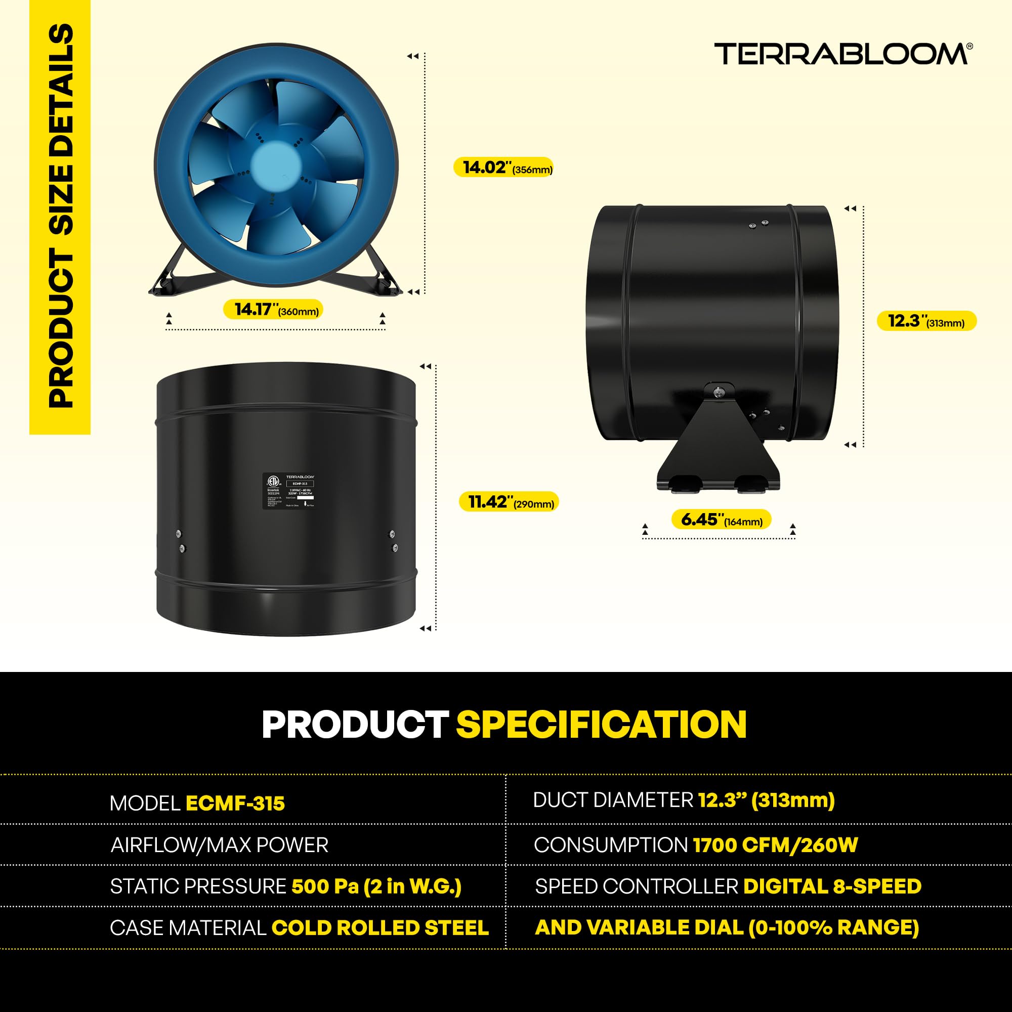 Snapklik.com : TerraBloom ECMF-315, Quiet 12" (313mm OD) Inline Duct Fan