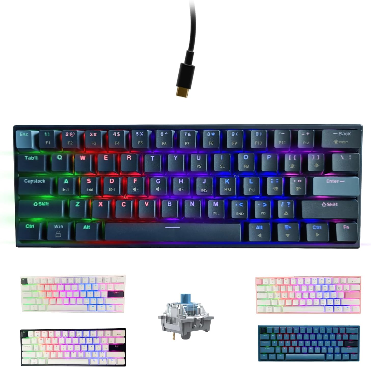 Amazon.com: KOORUI 60% Mechanical Gaming Keyboard, Mixed Colors LED ...