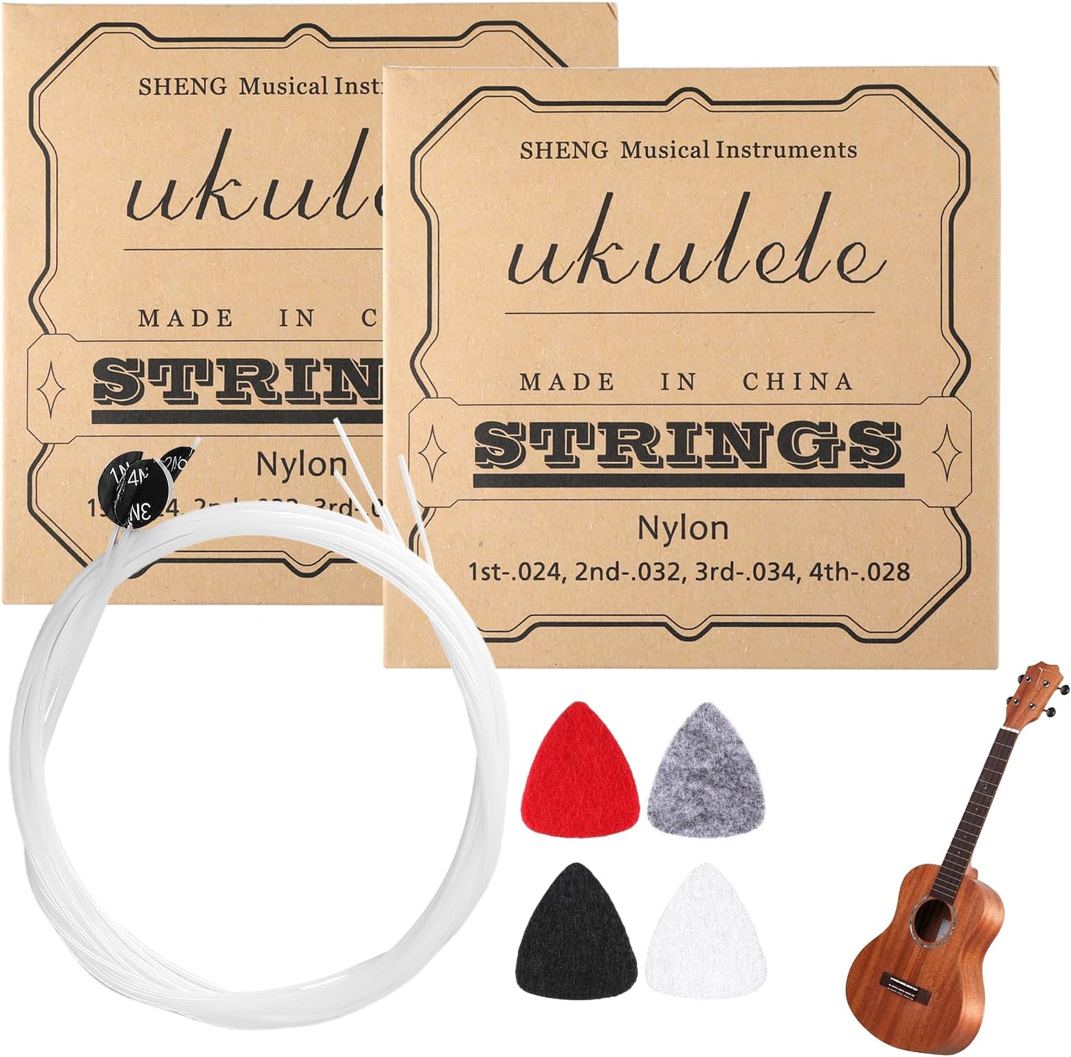2 Sets Nylon Ukulele Strings with 4 Felt Picks White Replacement ...