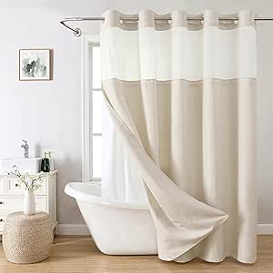 Amazon.com: eachope Extra Long No Hooks Needed Linen Textured Shower Curtain with Snap-in Fabric ...