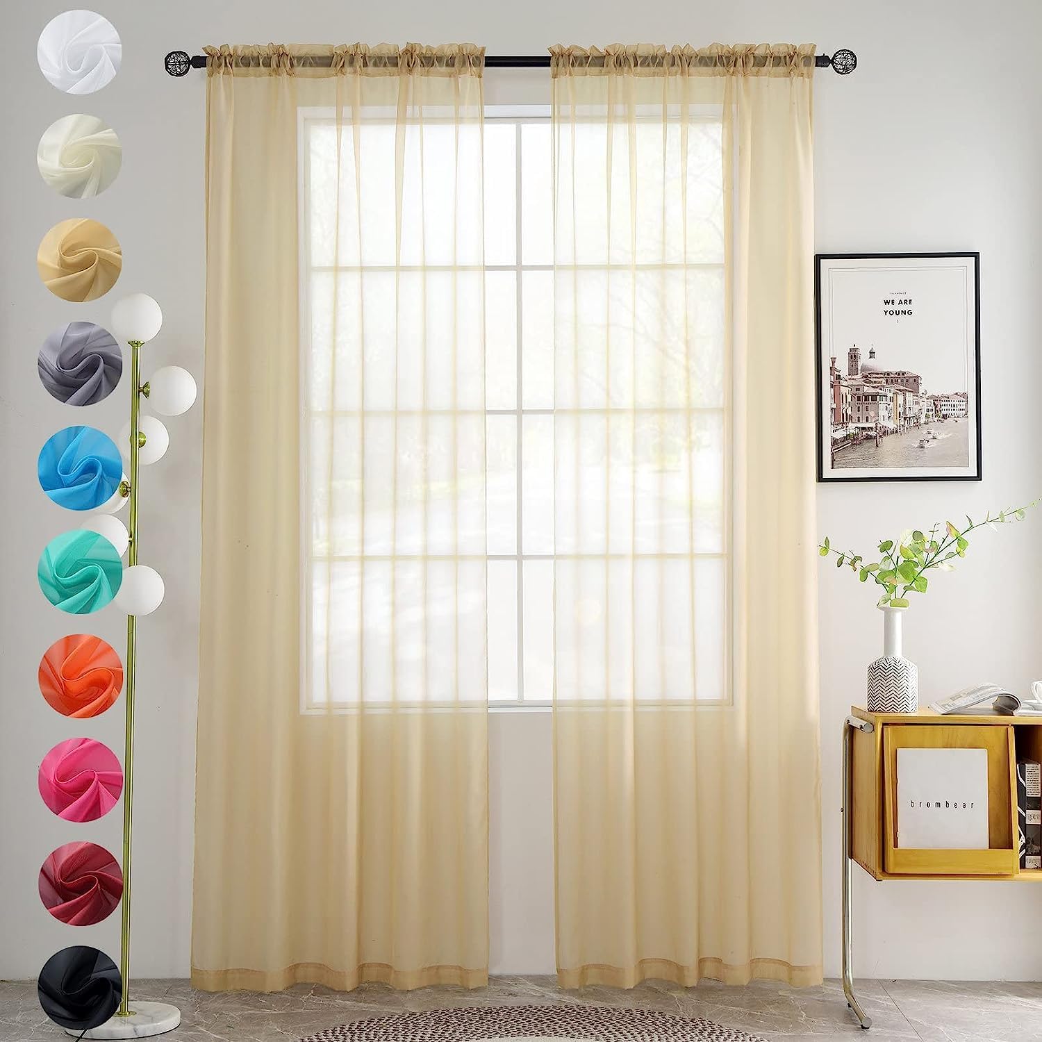 Amazon.com: youleyar Solid Sheer Rod Pocket Curtain Voile Draperies 2 ...