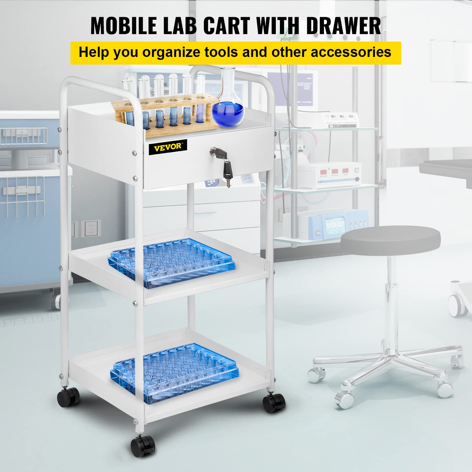 VEVOR Lab Cart, 3 Tiers Lab Trolley, Steel Lab Utility Cart, 360Â ...
