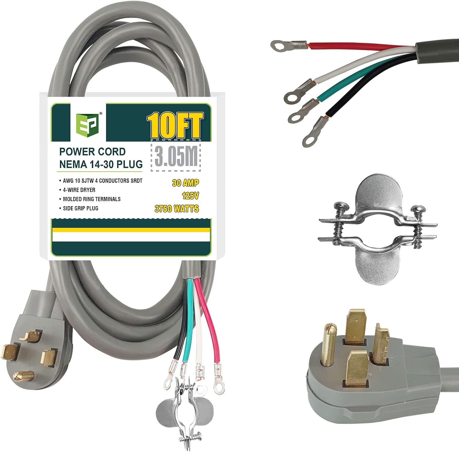 Amazon.com: EP 4 Prong Dryer Cord, 10 ft 10/4 SRDT, 30Amp Appliance ...