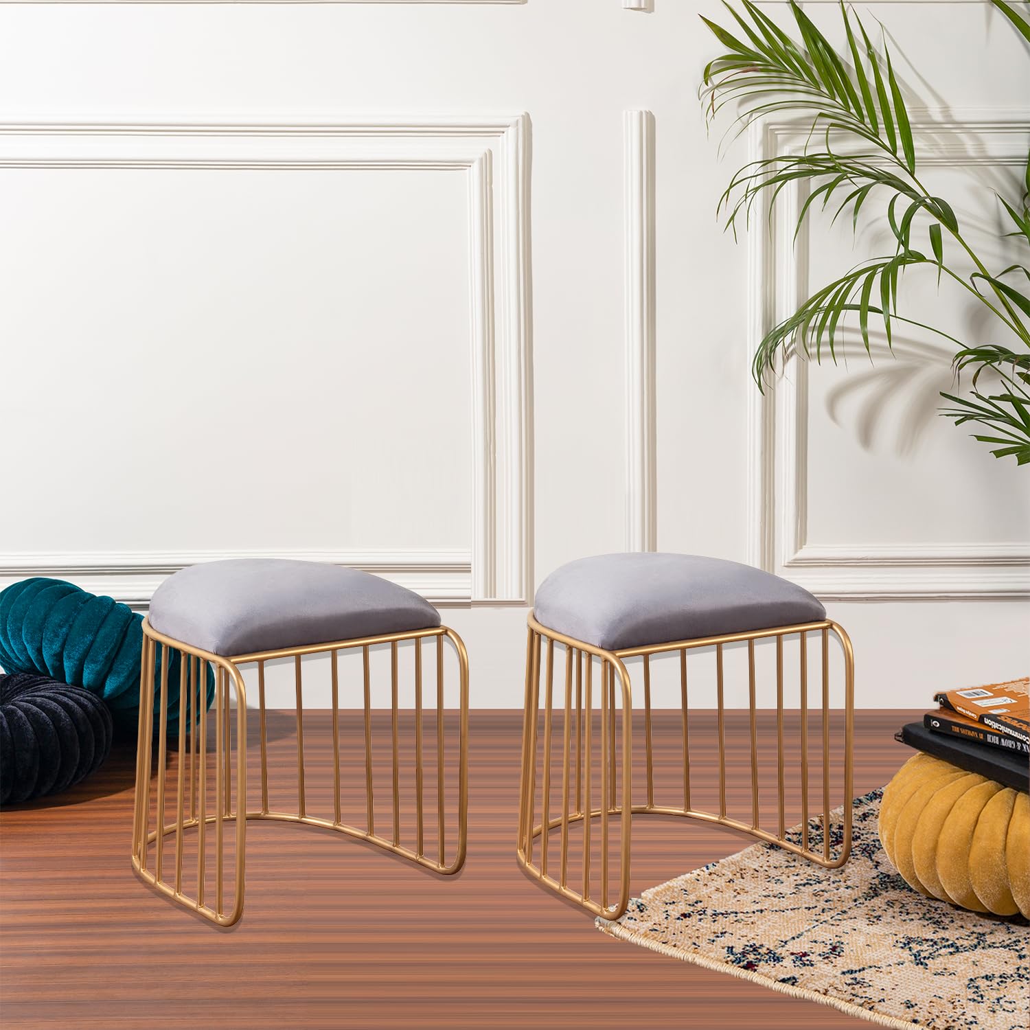 LUSHLIN Ottoman Stool for Living Room, Metallic Dressing Stool for ...