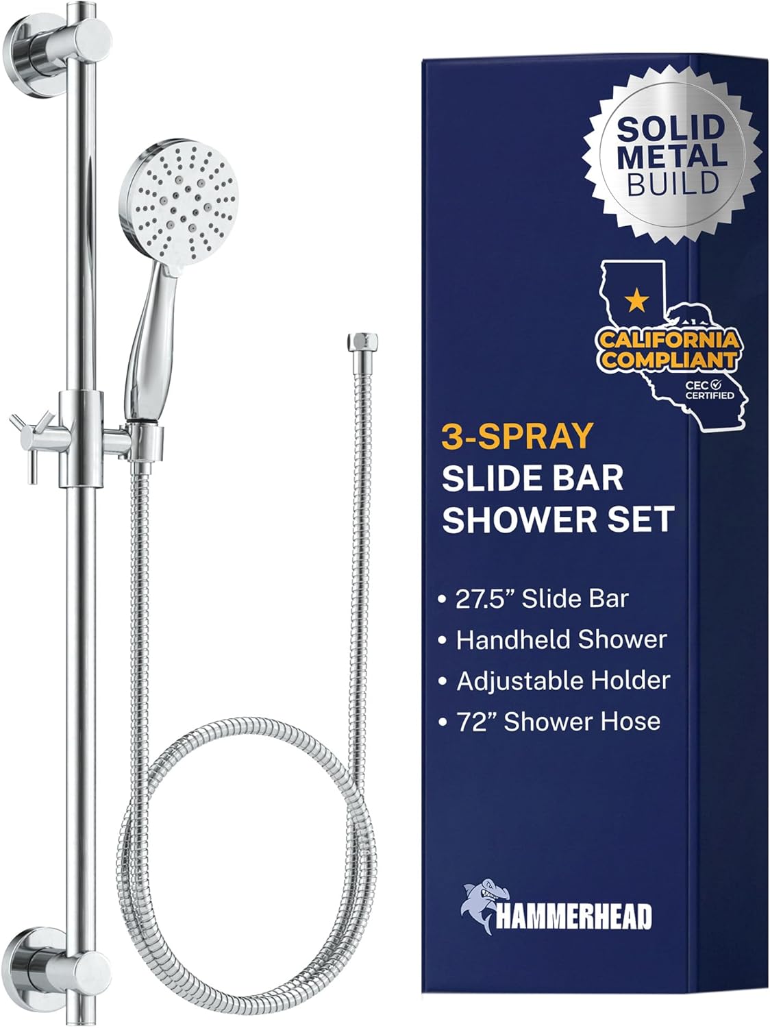 HammerHead Showers Solid Metal 27.5 Inch Shower Slide Bar with 3-Spray ...