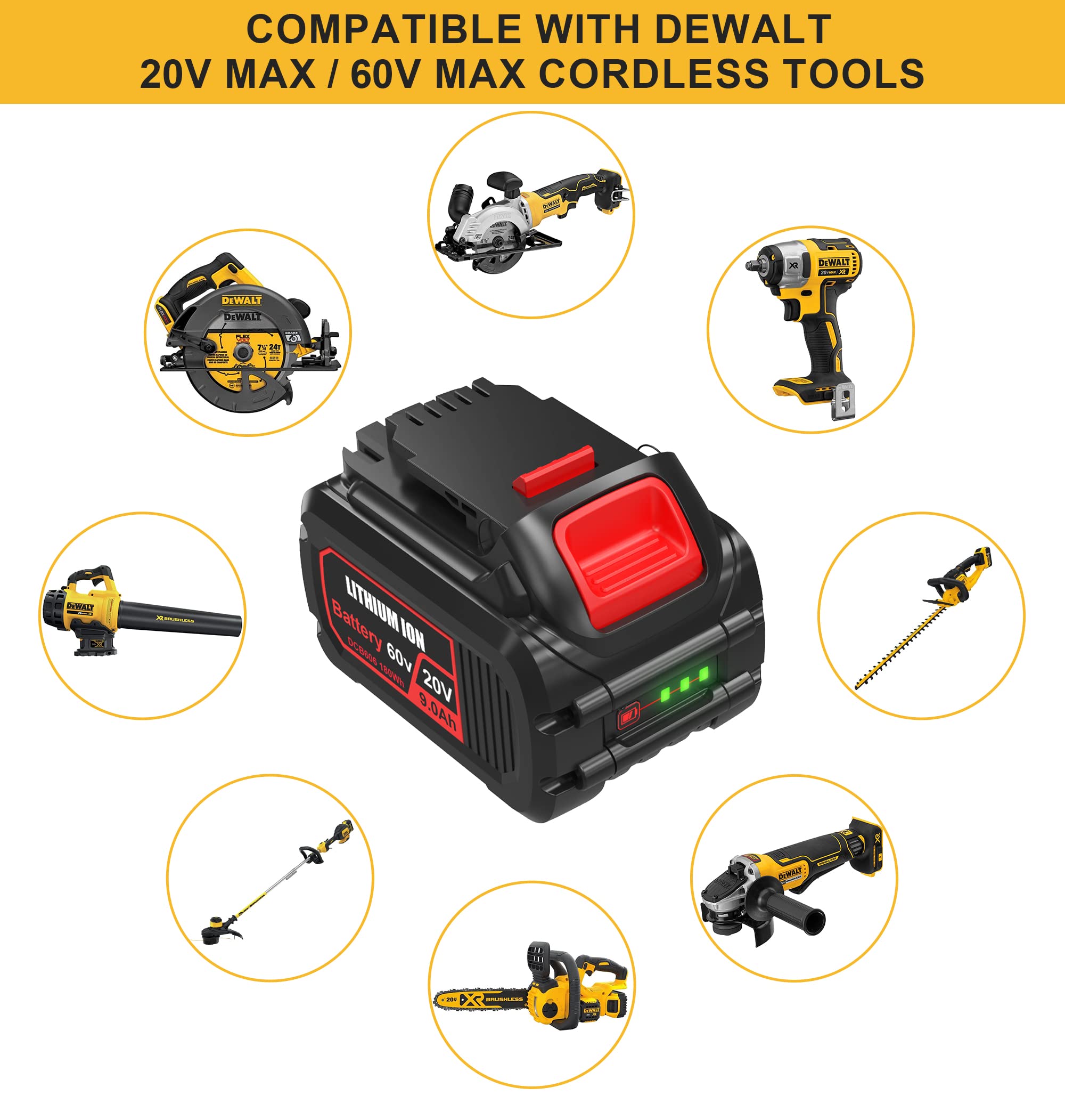 NEW 9.0Ah DCB606 DCB609 Replacement for DEWALT 20V/60V Max Battery ...