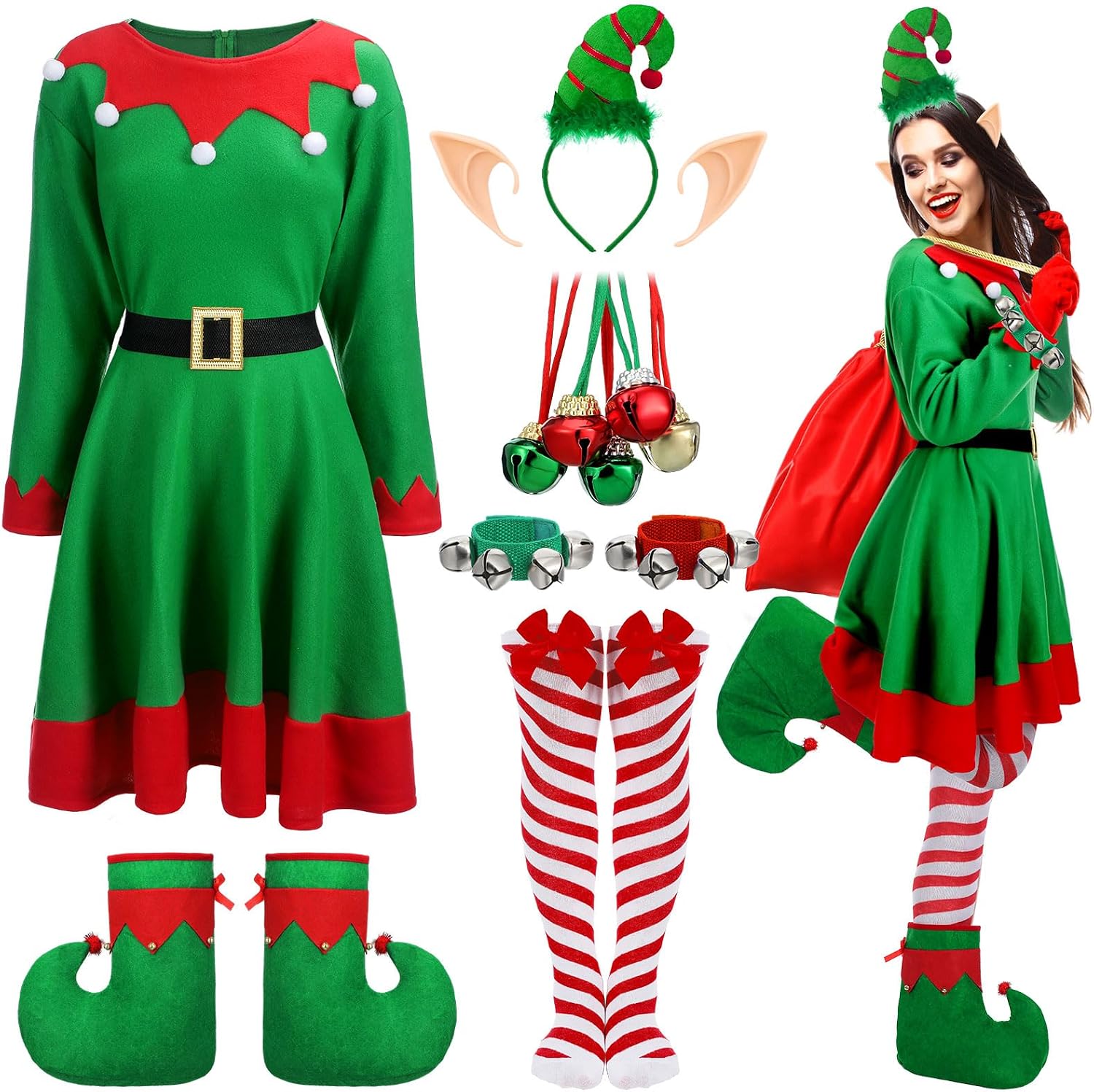 Amazon.com: Suhine 12 Pcs Women Christmas Elf Costume Accessory Bell ...