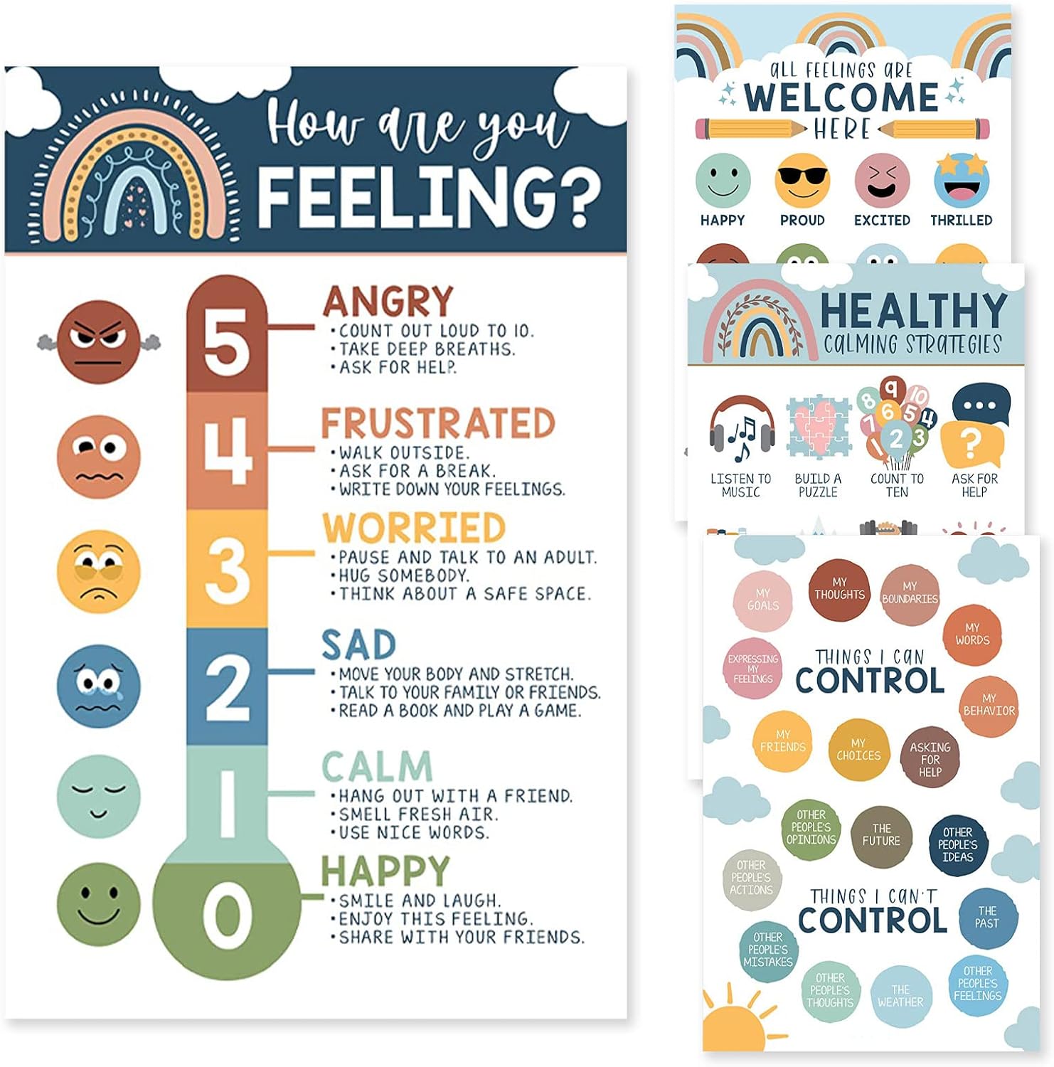 4 Boho Feelings Chart Classroom Posters - 11" x 17" Calm Down Corner ...
