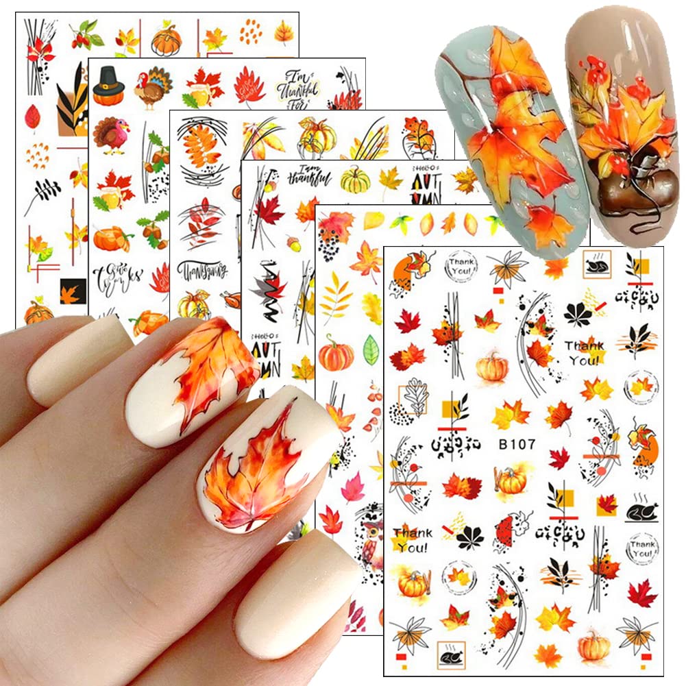 Amazon.com: 6 Sheets Fall Nail Art Stickers, 3D Maple Leaf Self ...