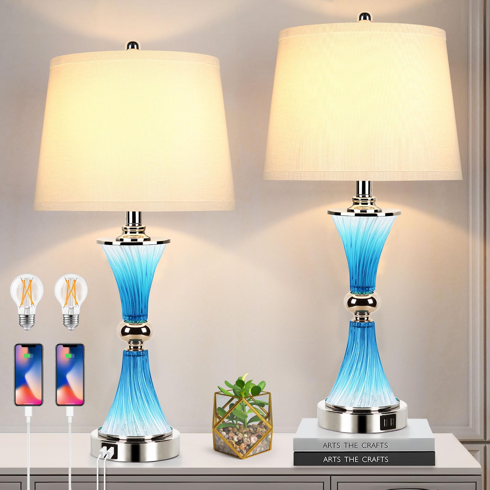 Set of 2 Blue Crystal Bedroom Table Lamps with 2 USB Charging Ports, 3 ...