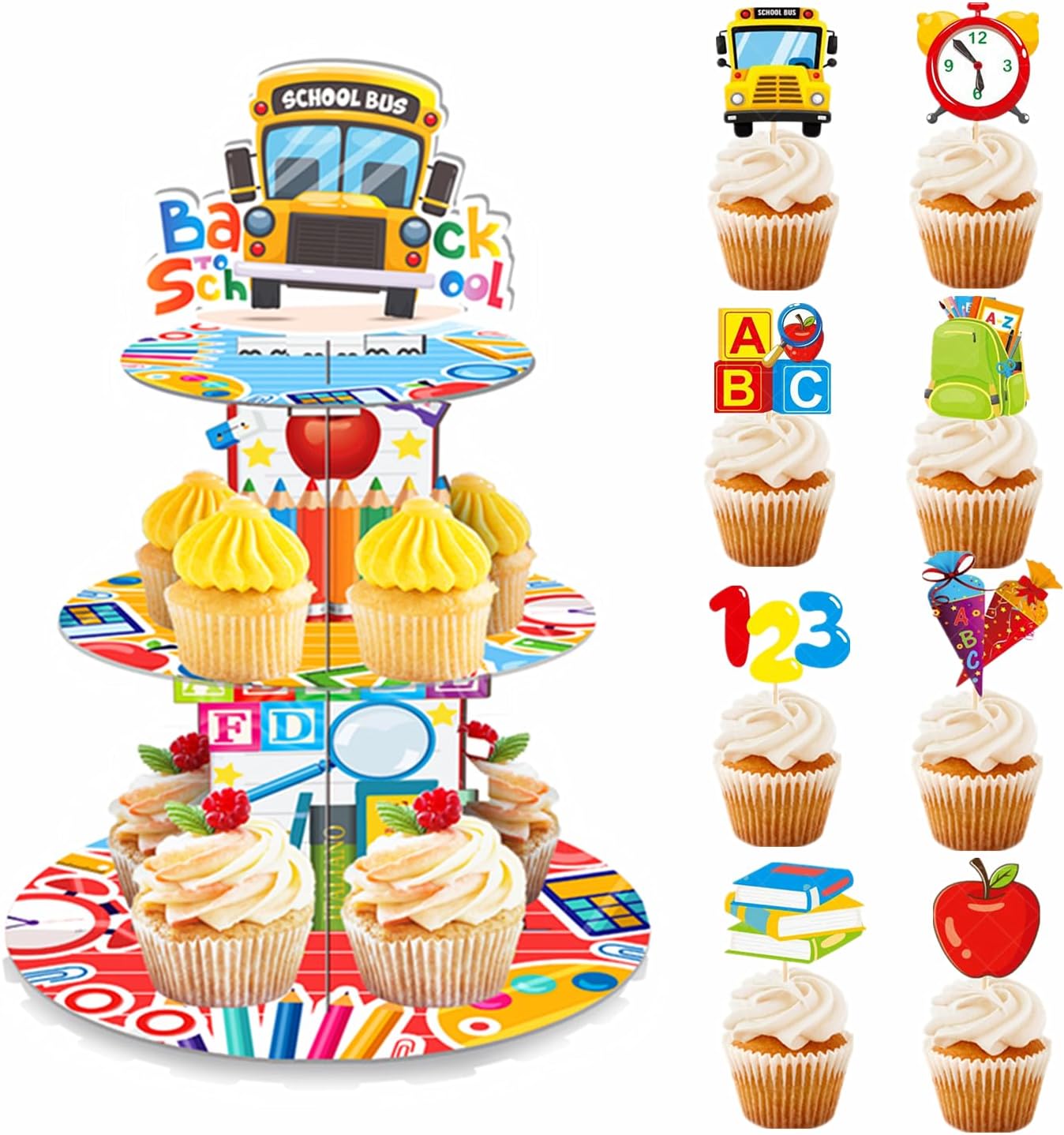 Amazon.com: Back to School Cupcake Stand with 8pcs Cupcake Toppers, 3 ...