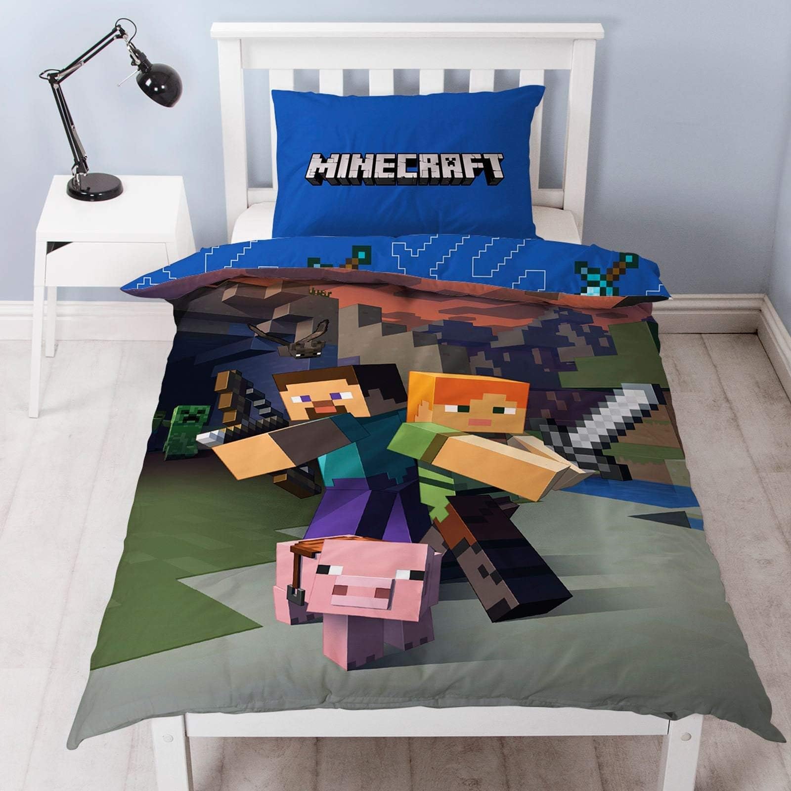 Minecraft Reversible Single Duvet Cover Set, Polyester-Cotton, Blue ...