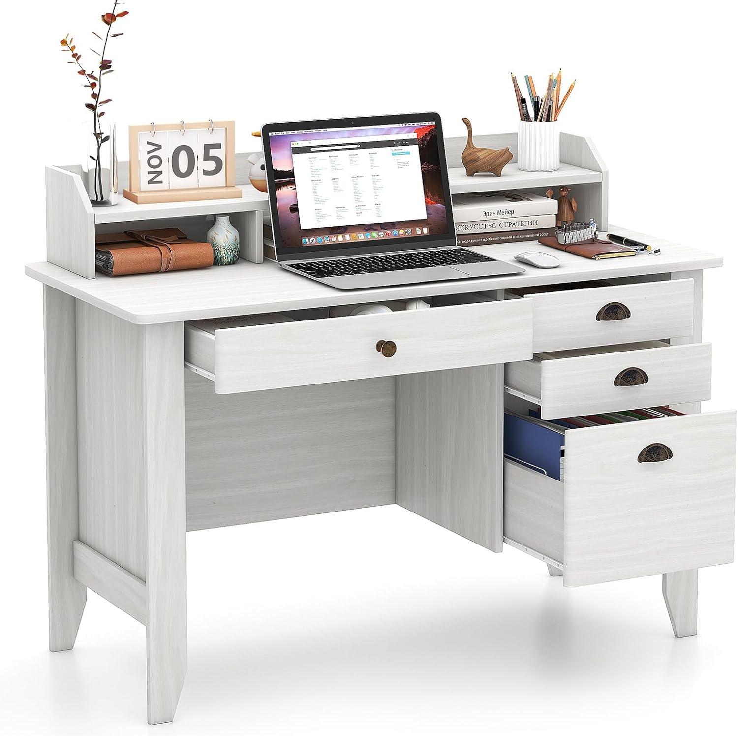 WATERJOY 48" Computer Desk with 4 Storage Drawers and Hutch Wood ...