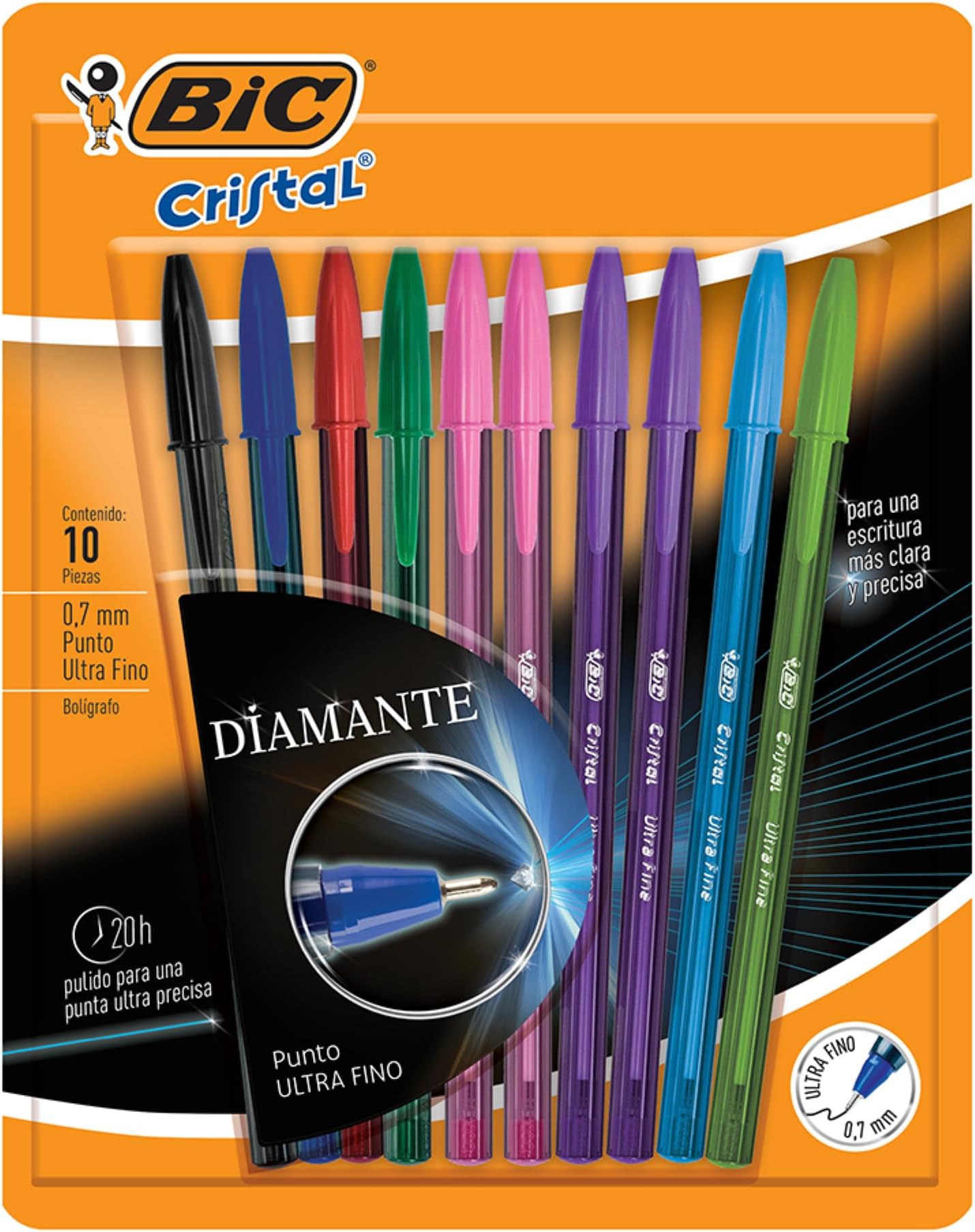 BIC Bolígrafo Cristal Punto Ultra Fino 0.7mm Trazo Ultrasuave y Preciso ...